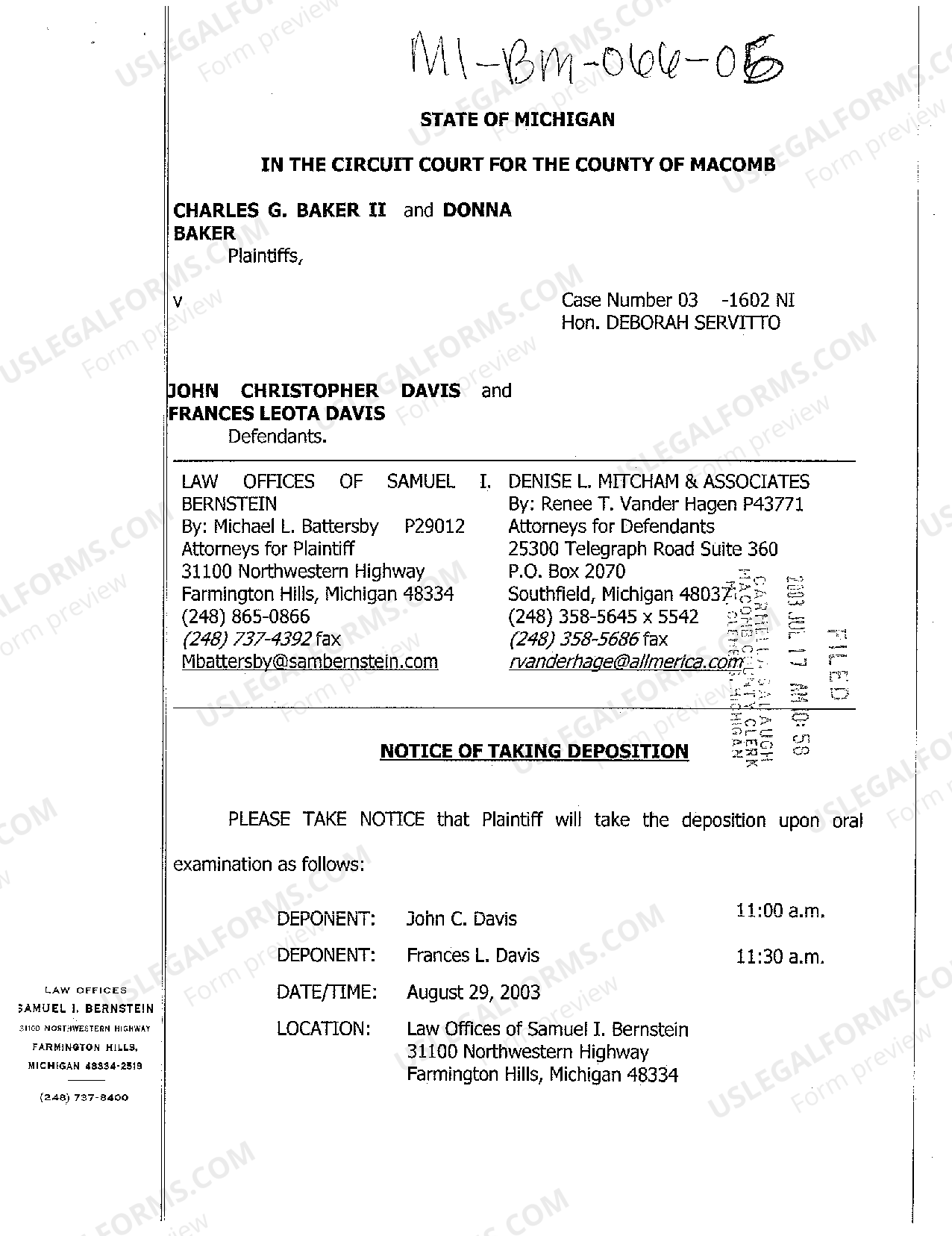 Michigan Notice of Taking Deposition | US Legal Forms