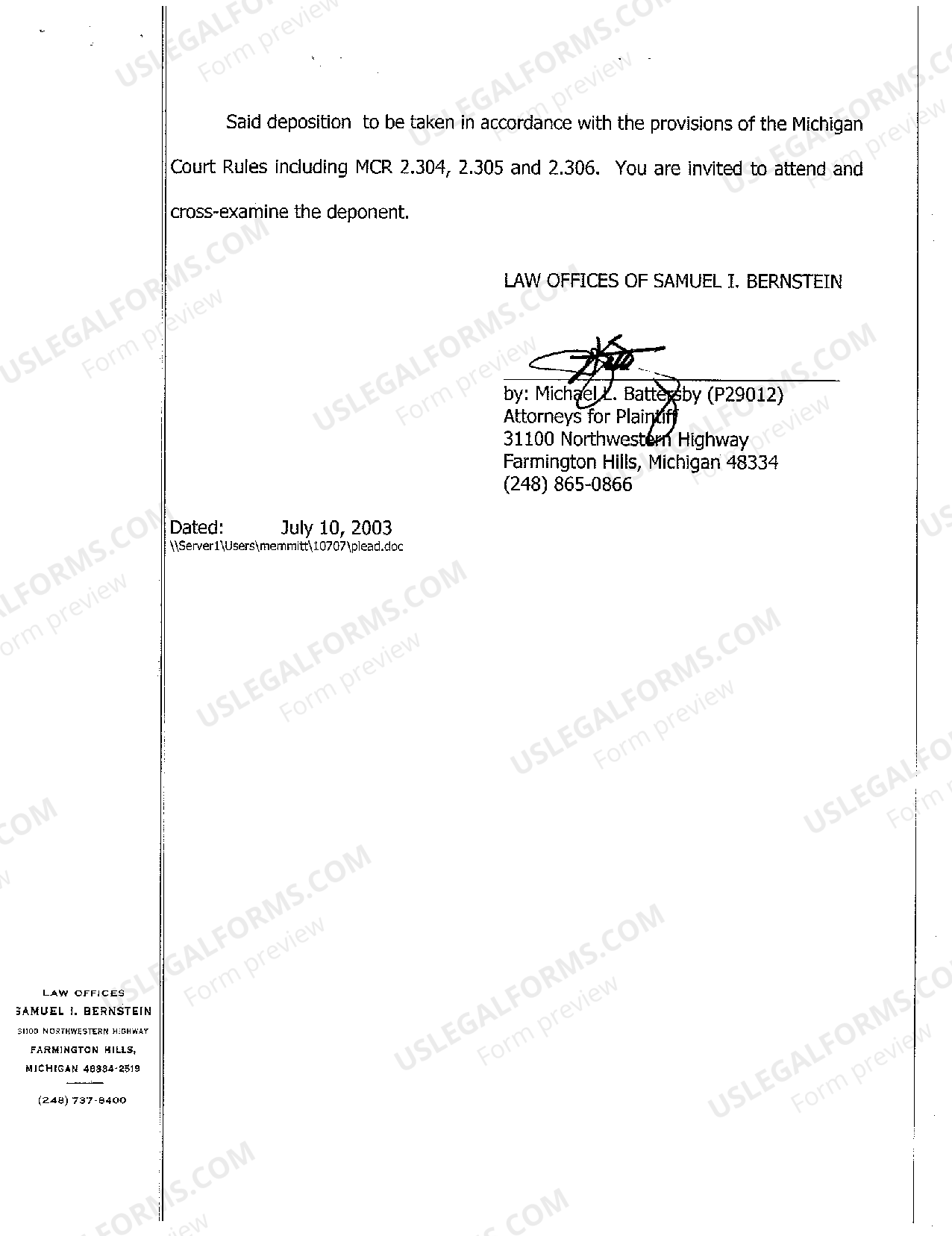 Michigan Notice of Taking Deposition | US Legal Forms