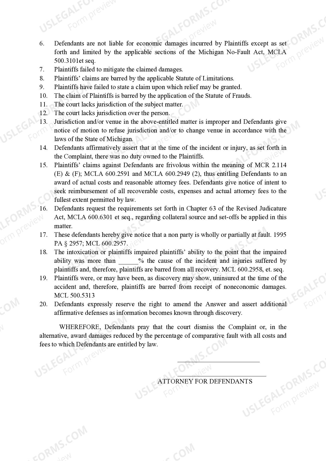 Michigan Answer to Complaint | US Legal Forms