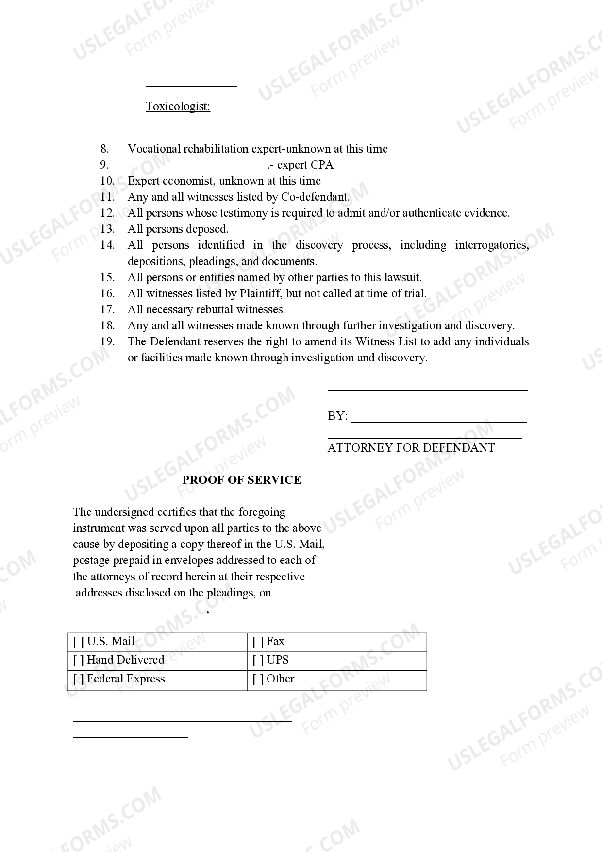 Michigan Defendants Witness List | US Legal Forms