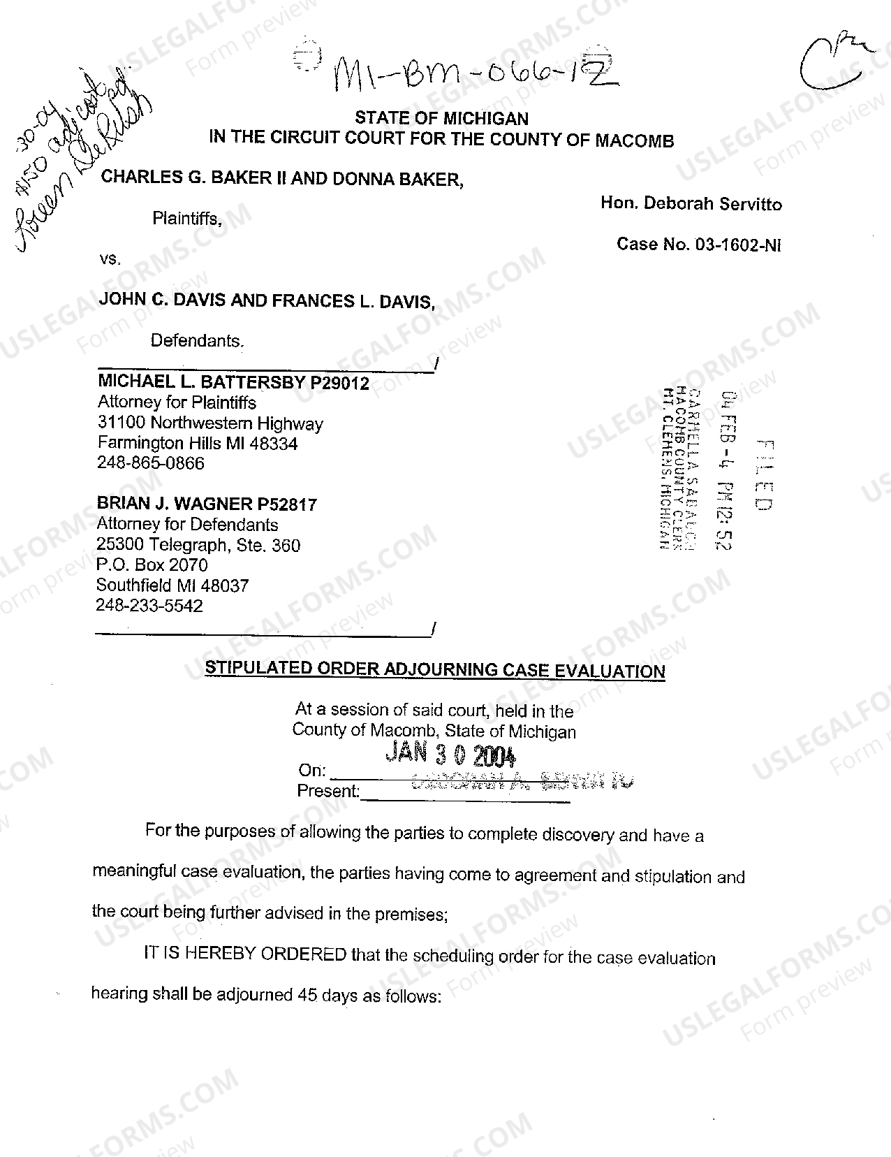 Michigan Stipulated Order Adjourning Case Evaluation | US Legal Forms