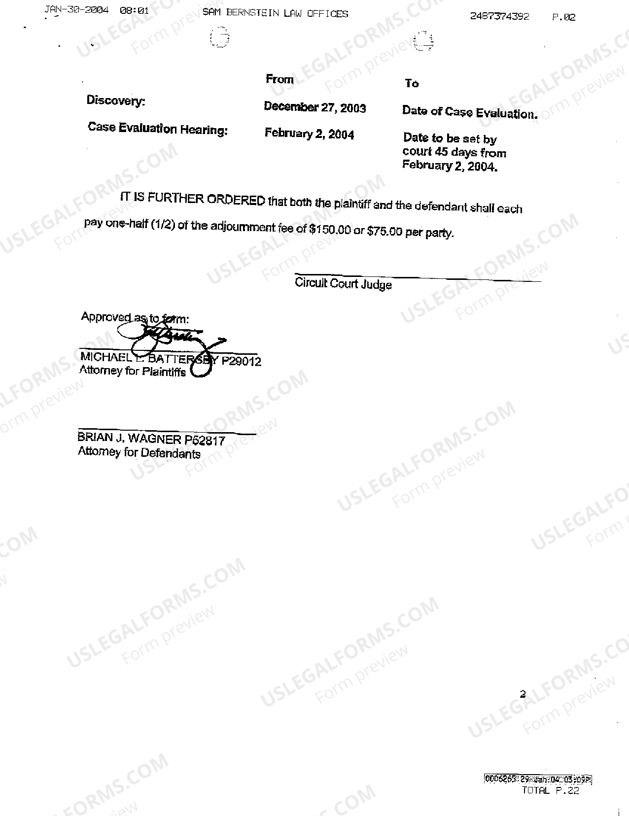 Michigan Stipulated Order Adjourning Case Evaluation | US Legal Forms