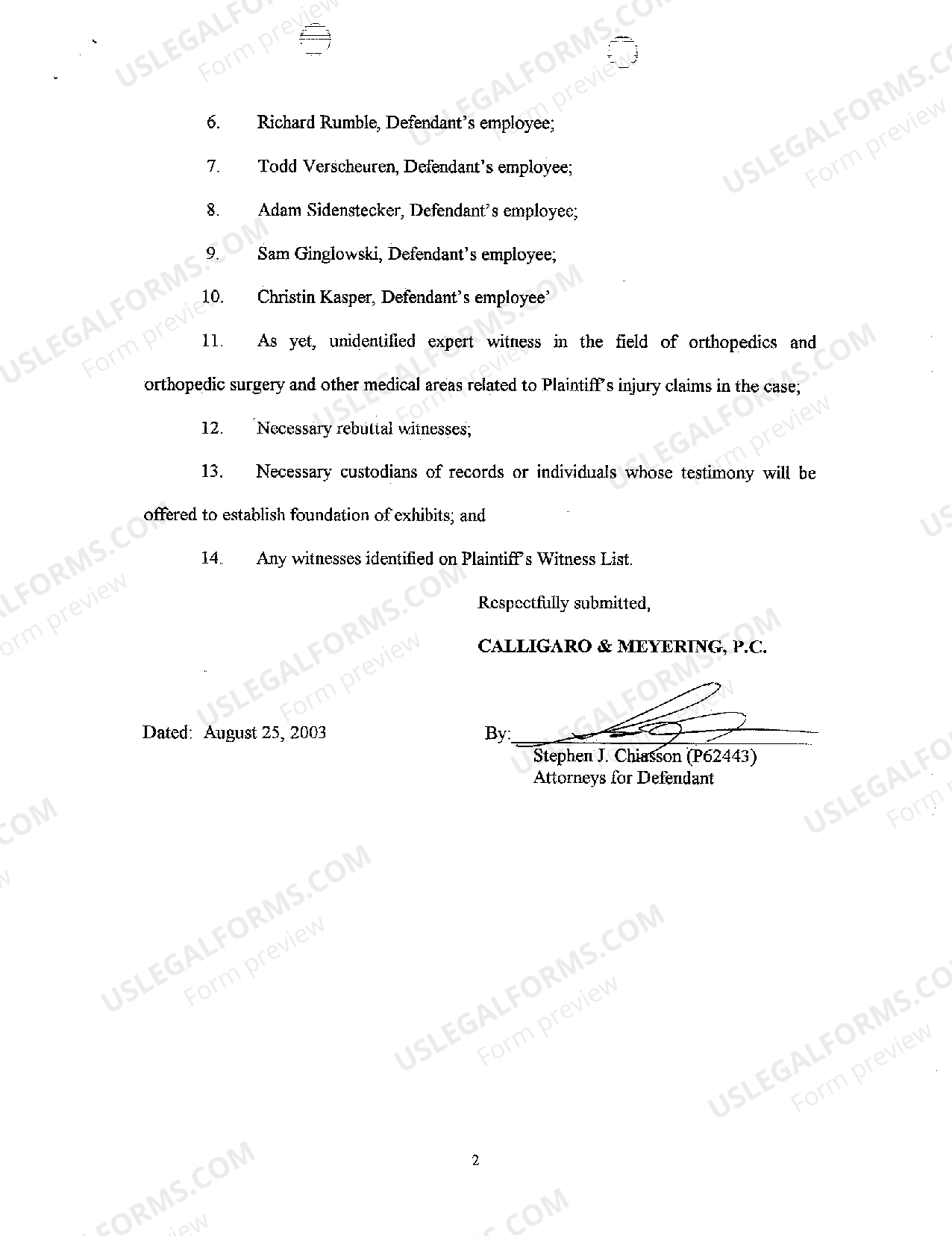 Michigan Defendant's Witness List | US Legal Forms