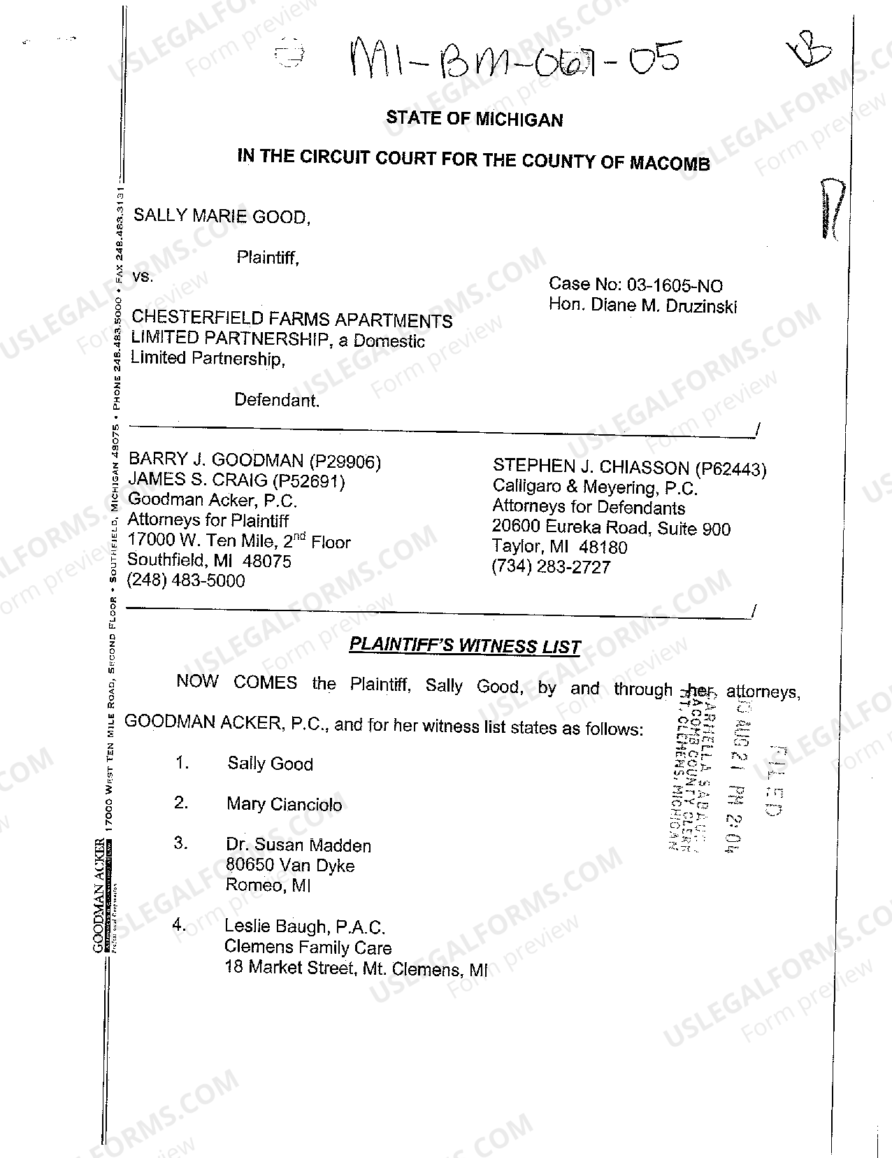 Michigan Plaintiff's Witness List | US Legal Forms