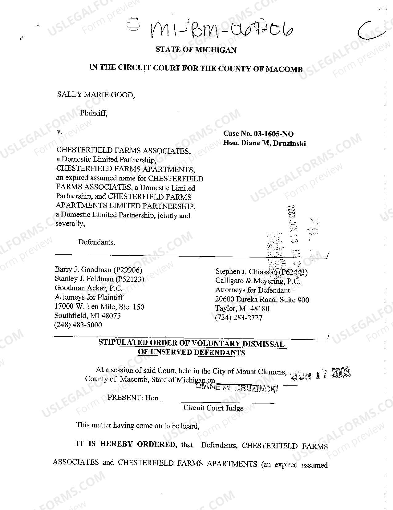 Michigan Stipulated Order of Voluntary Dismissal of Unserved Defendants ...
