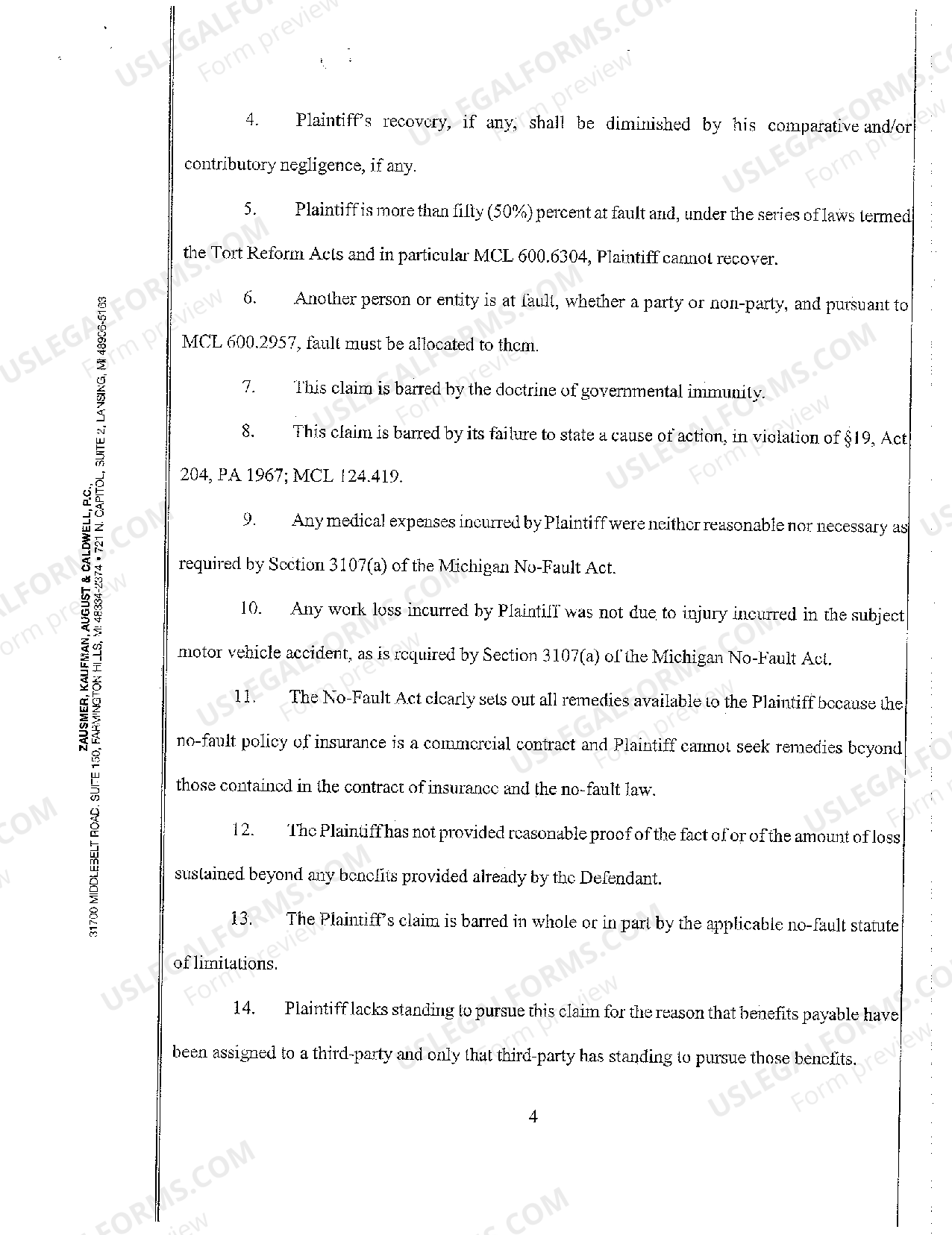 Michigan Answer to Complaint | US Legal Forms