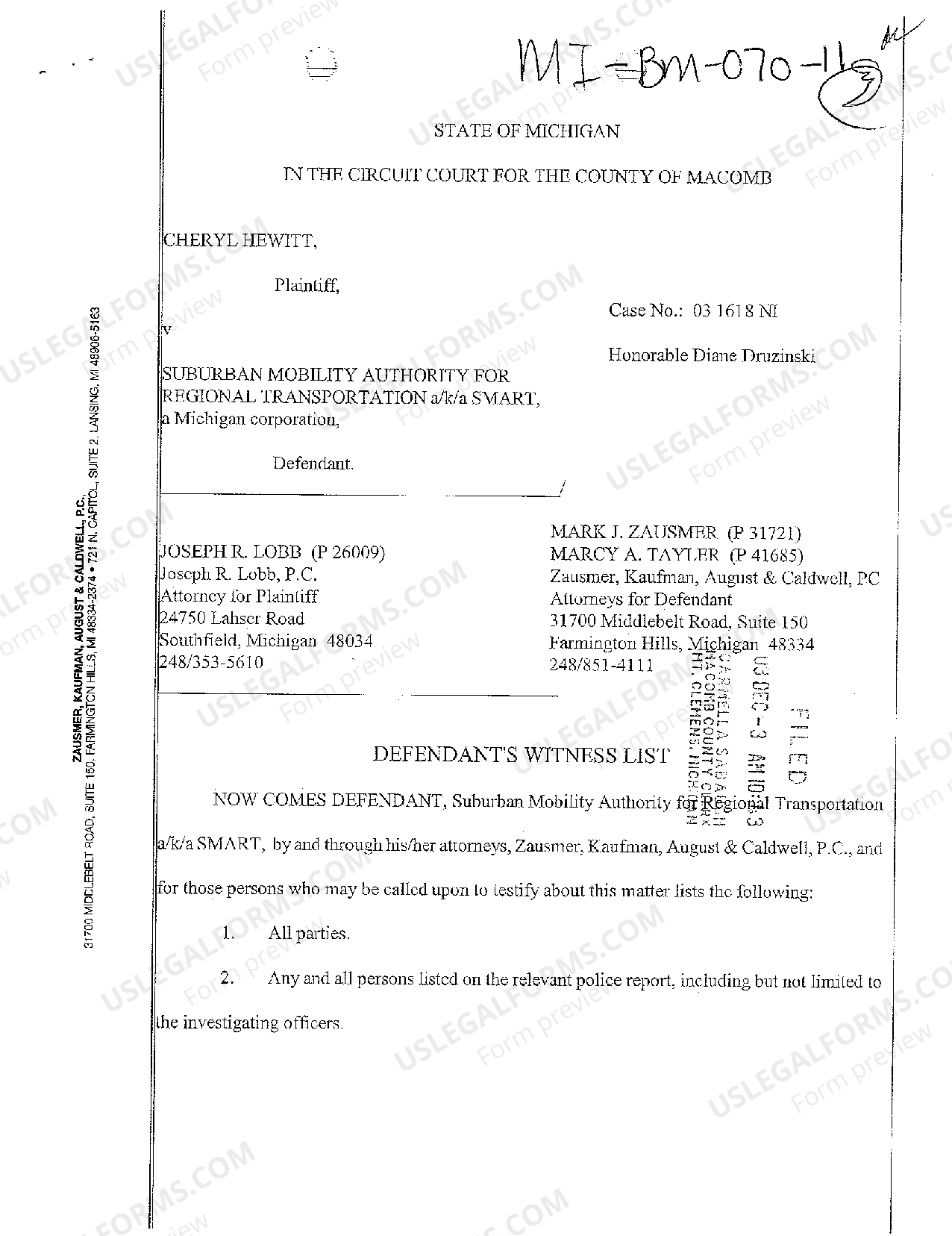 Michigan Defendant's Witness List | US Legal Forms