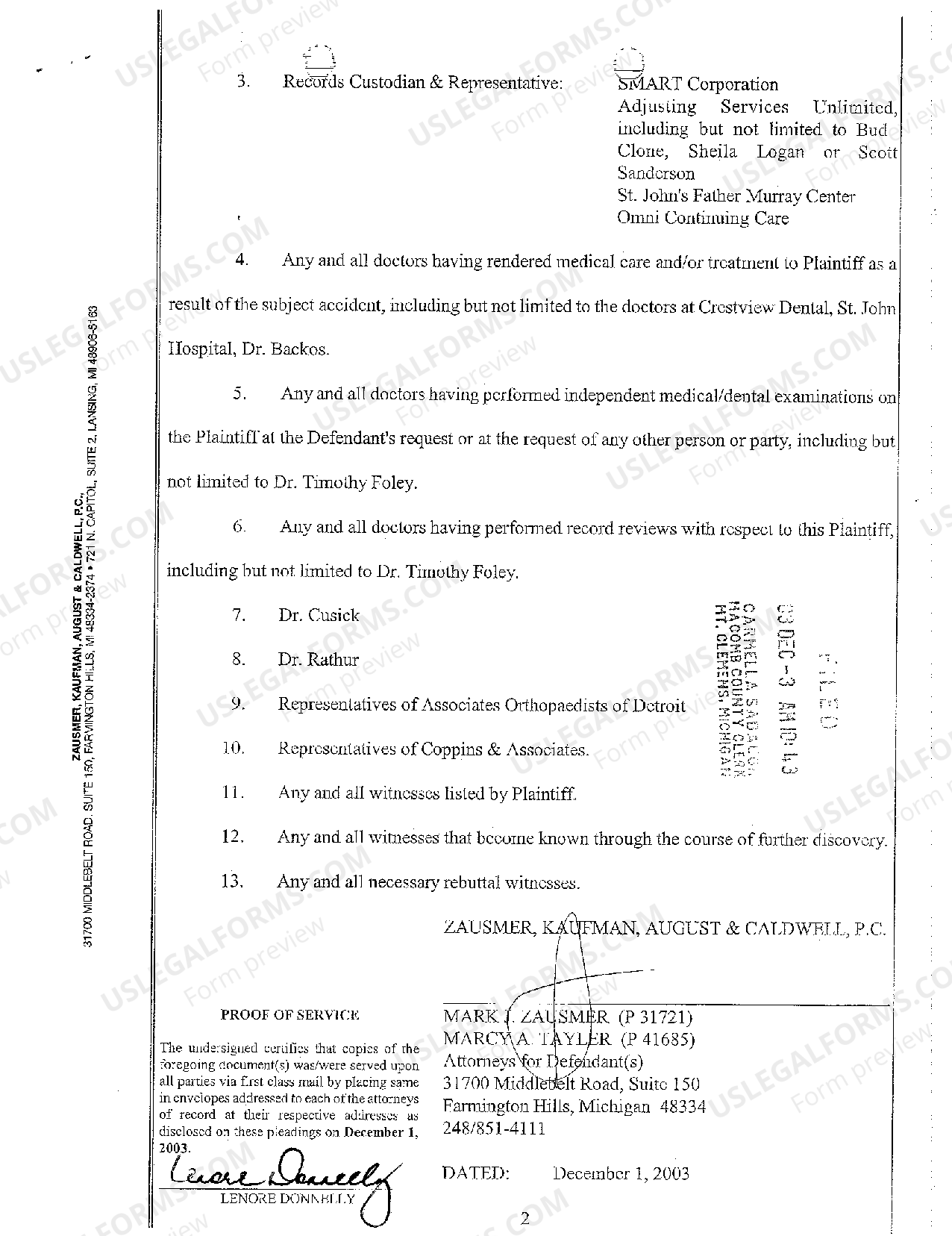 Michigan Defendant's Witness List | US Legal Forms