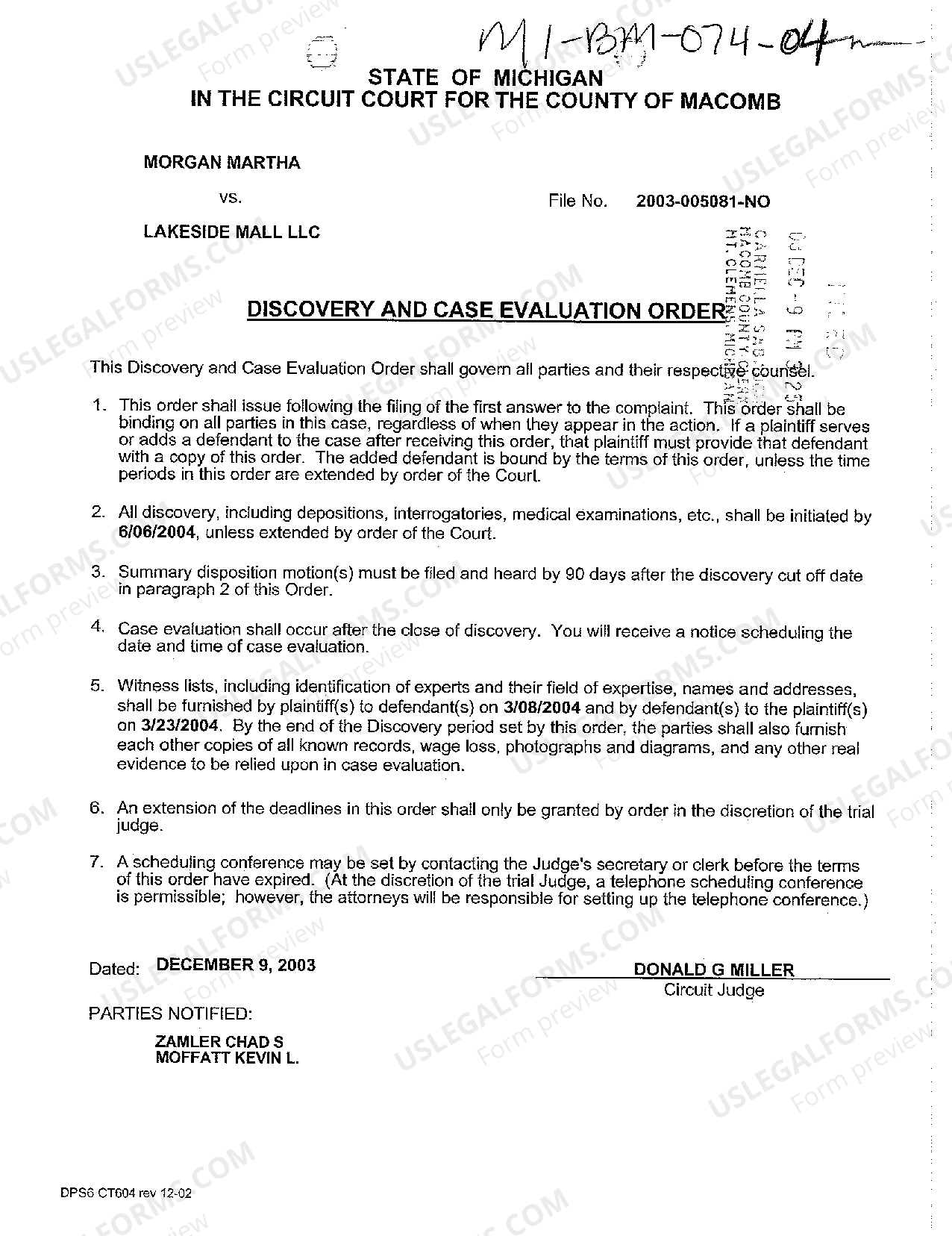 Michigan Discovery And Case Evaluation Order | US Legal Forms