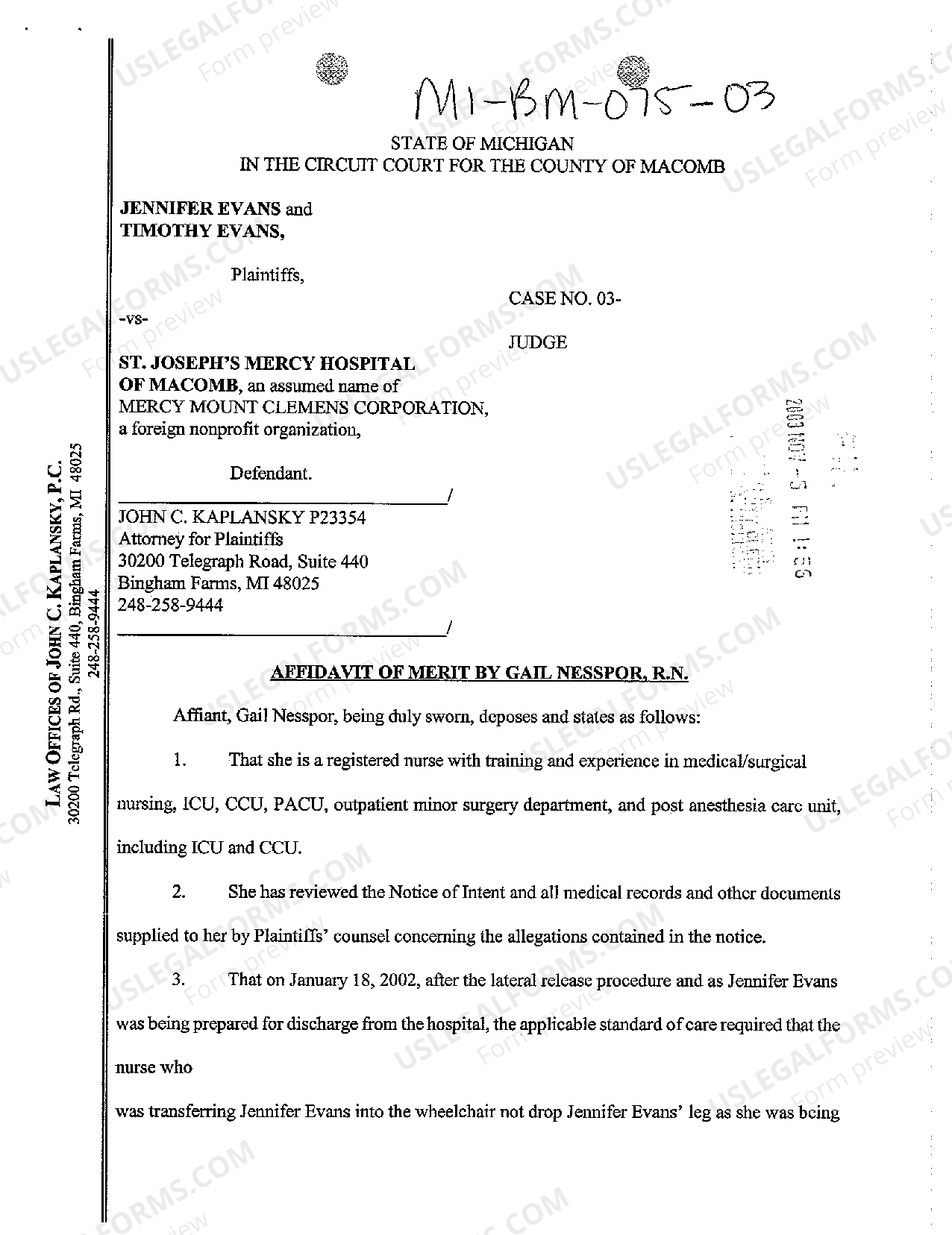Michigan Affidavit of Merit By Independent R.N. | US Legal Forms