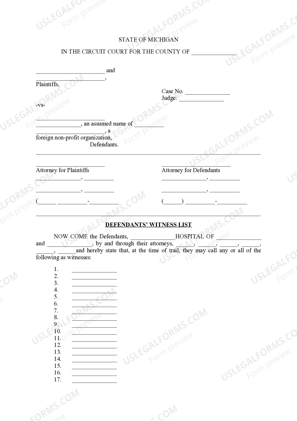 Michigan Defendants’ Witness List | US Legal Forms