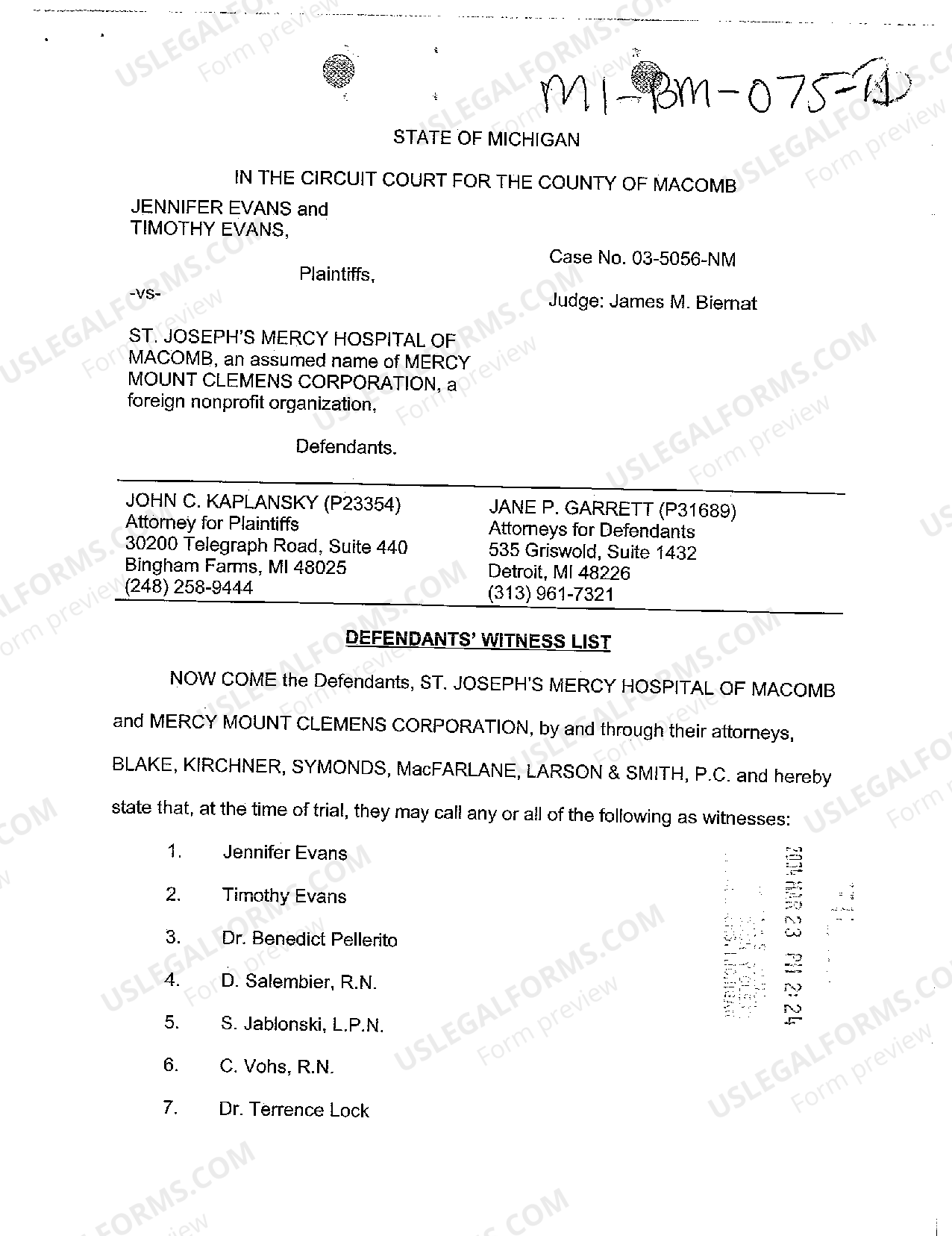 Michigan Defendants' Witness List | US Legal Forms