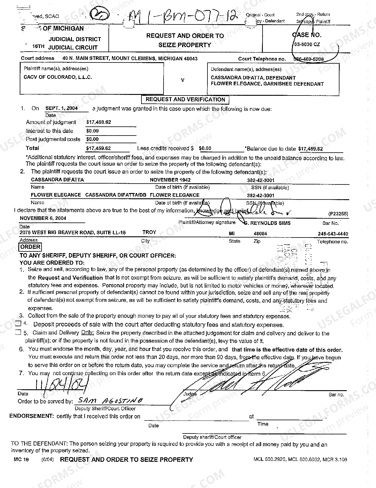 Lansing Michigan Request And Order to Seize Property | US Legal Forms
