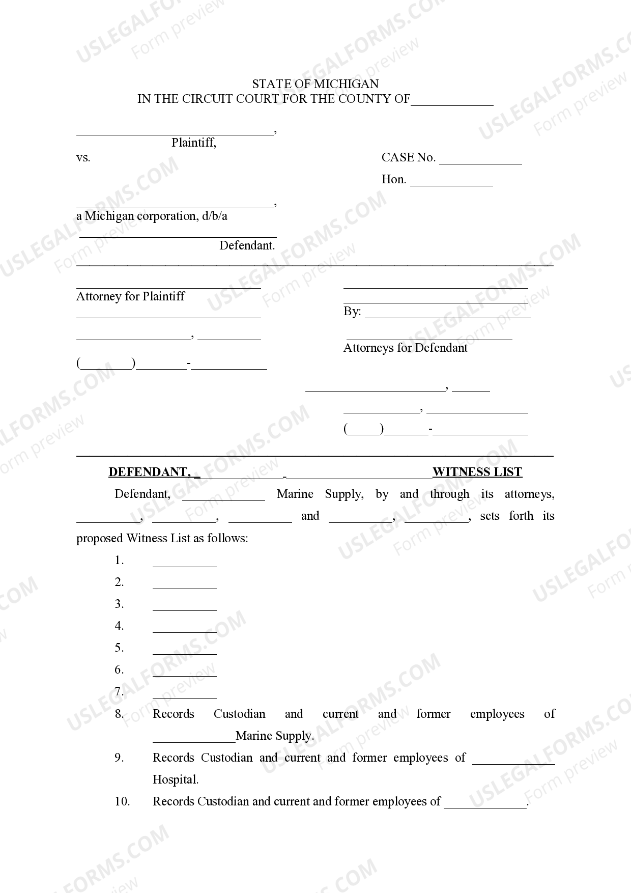 Michigan Defendant Witness List | US Legal Forms