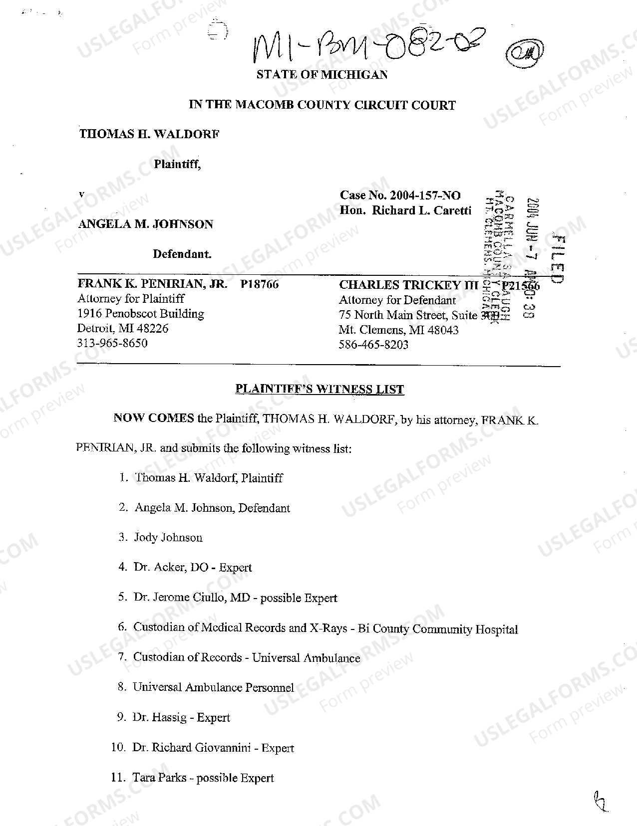 Michigan Plaintiff's Witness List - Sample Witness List | US Legal Forms