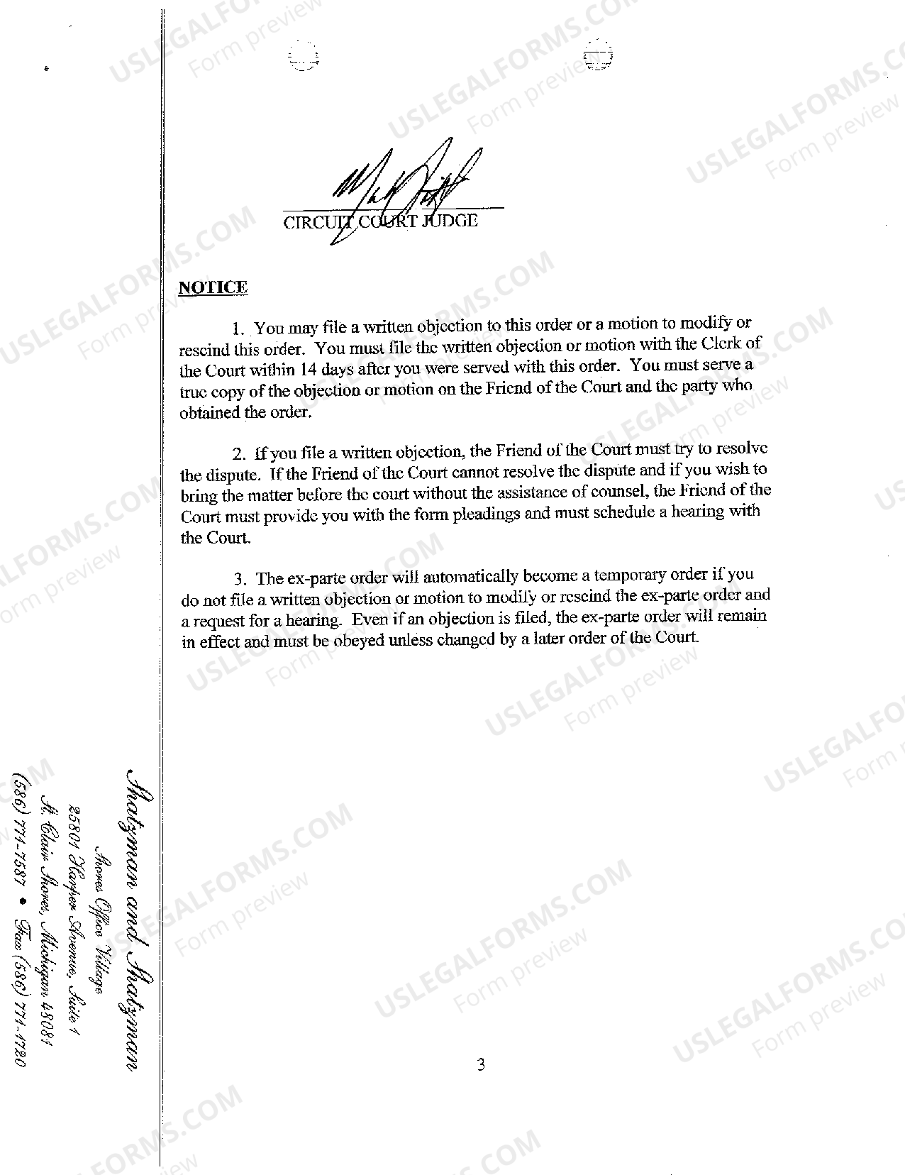 Michigan Ex Parte Order As to Custody of Minor Children and Child ...