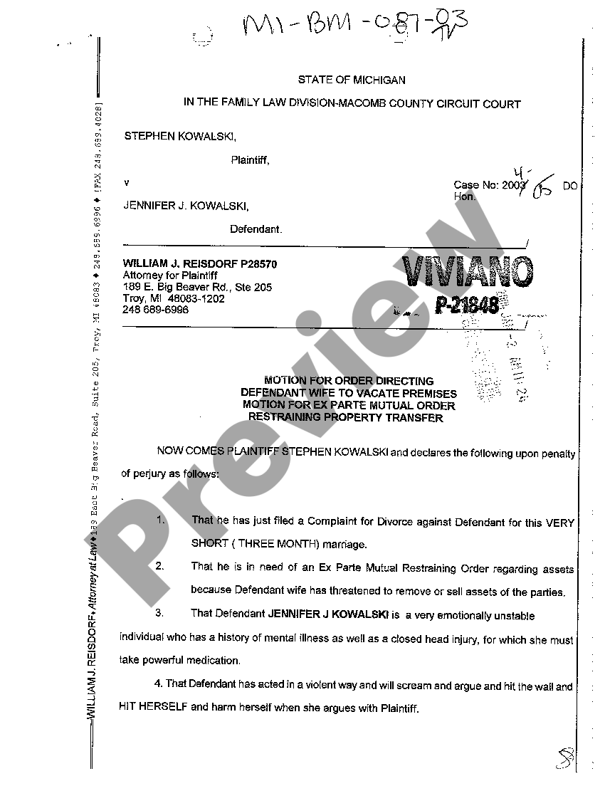 Lansing Michigan Motion For Order Directing Defendant To Vacate