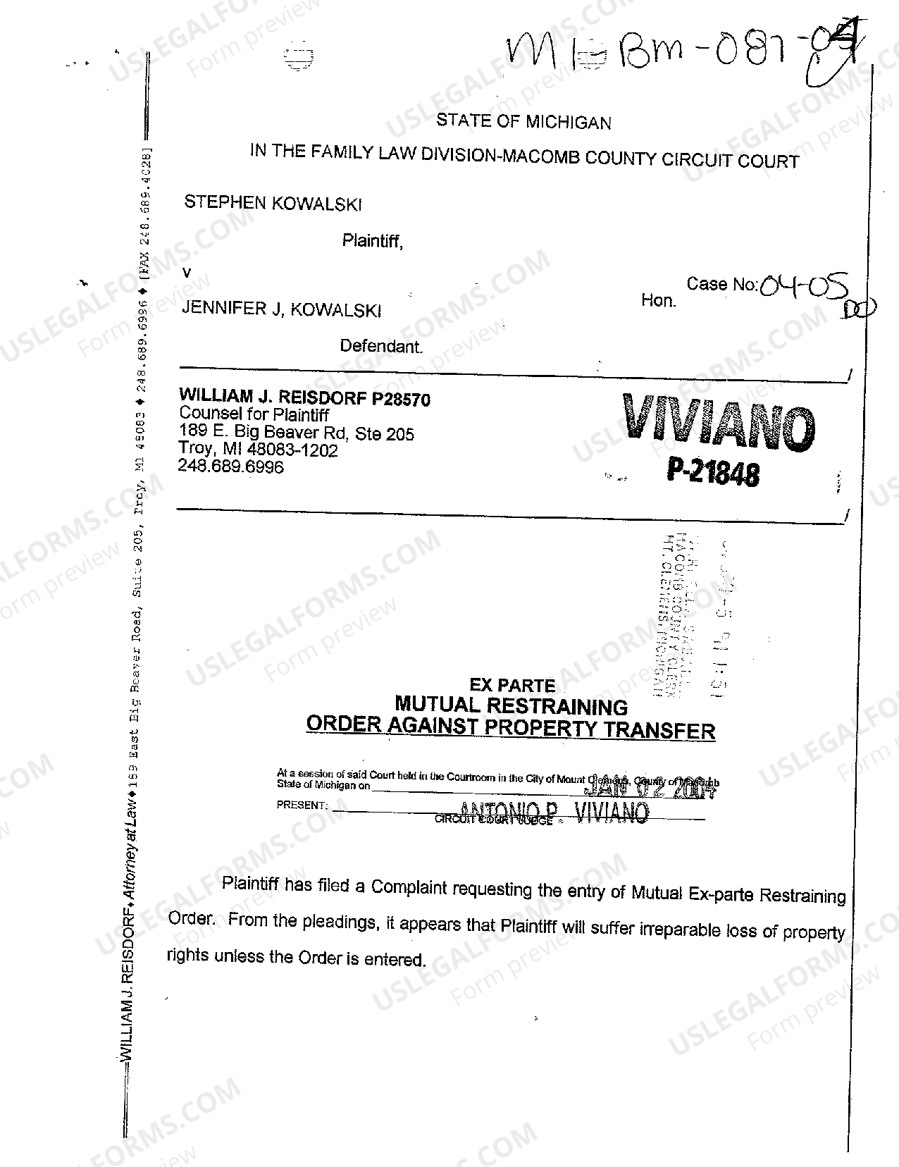 Michigan Ex Parte Mutual Restraining Order Against Property Transfer ...