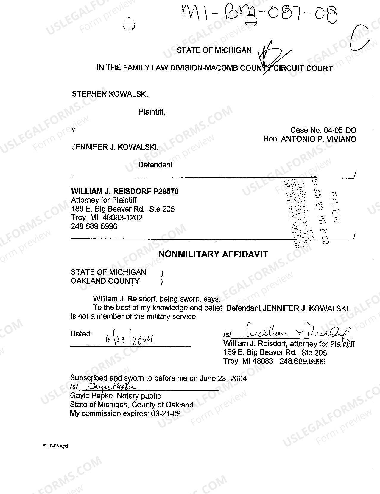 Michigan Nonmilitary Affidavit | US Legal Forms