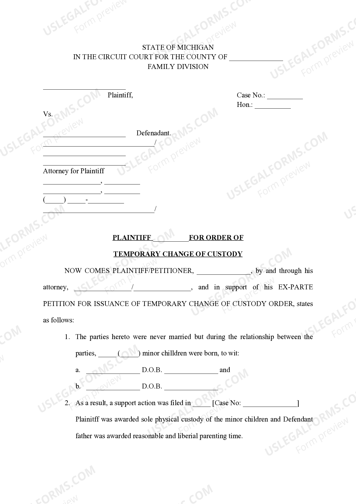 Michigan Plaintiff Motion for Temporary Change of Custody - Michigan ...