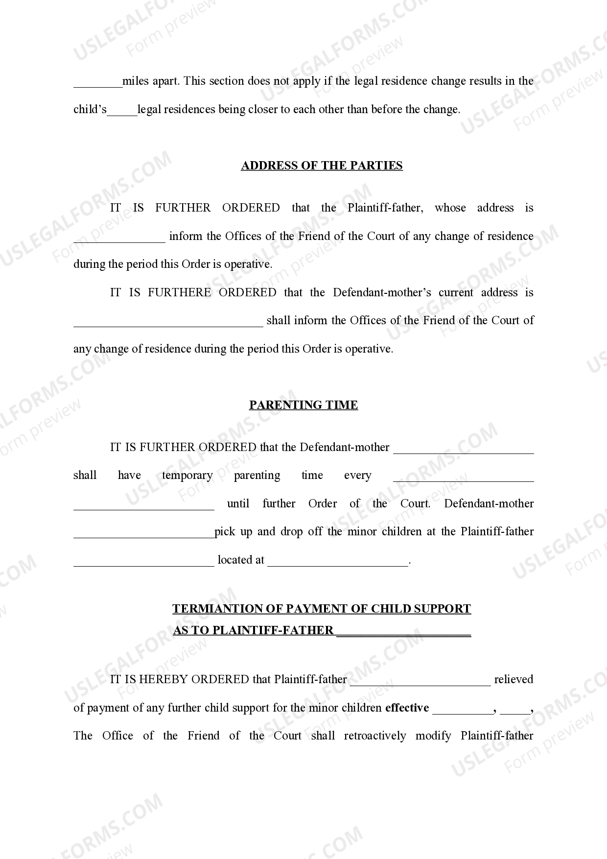 Michigan Order of Temporary Change of Custody, Parenting Time - Custody ...