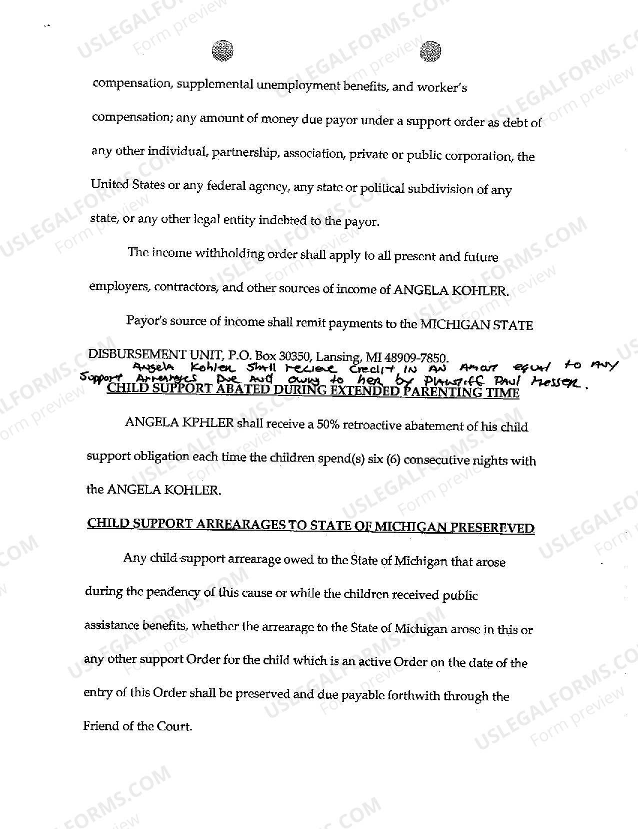 Michigan Order of Temporary Change of Custody, Parenting Time ...