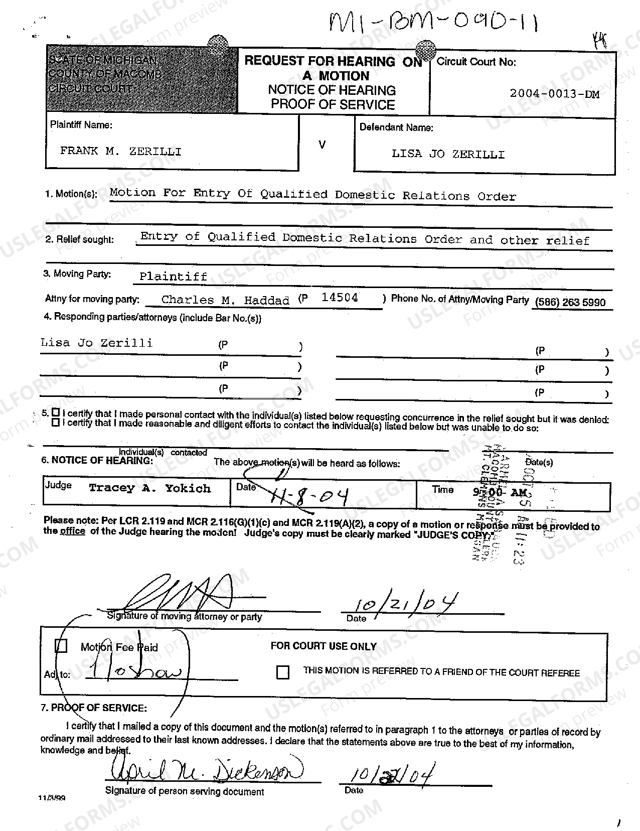 Michigan Request for Hearing On Motion for QDRO - Qualified Domestic ...