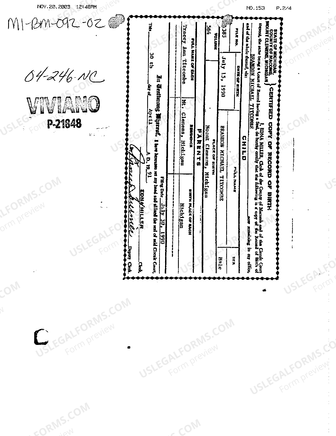 Michigan Certified Copy of Record of Birth | US Legal Forms