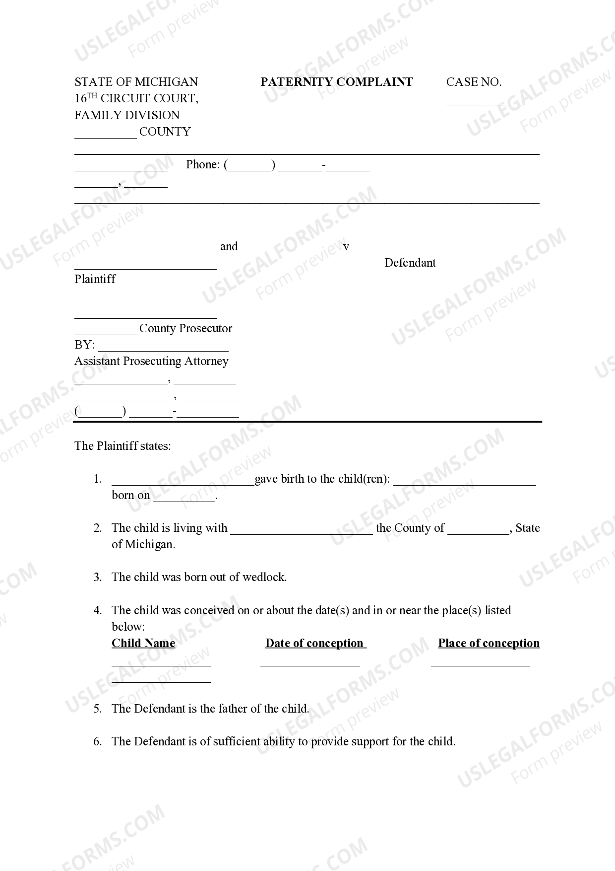 Michigan Paternity Complaint | US Legal Forms