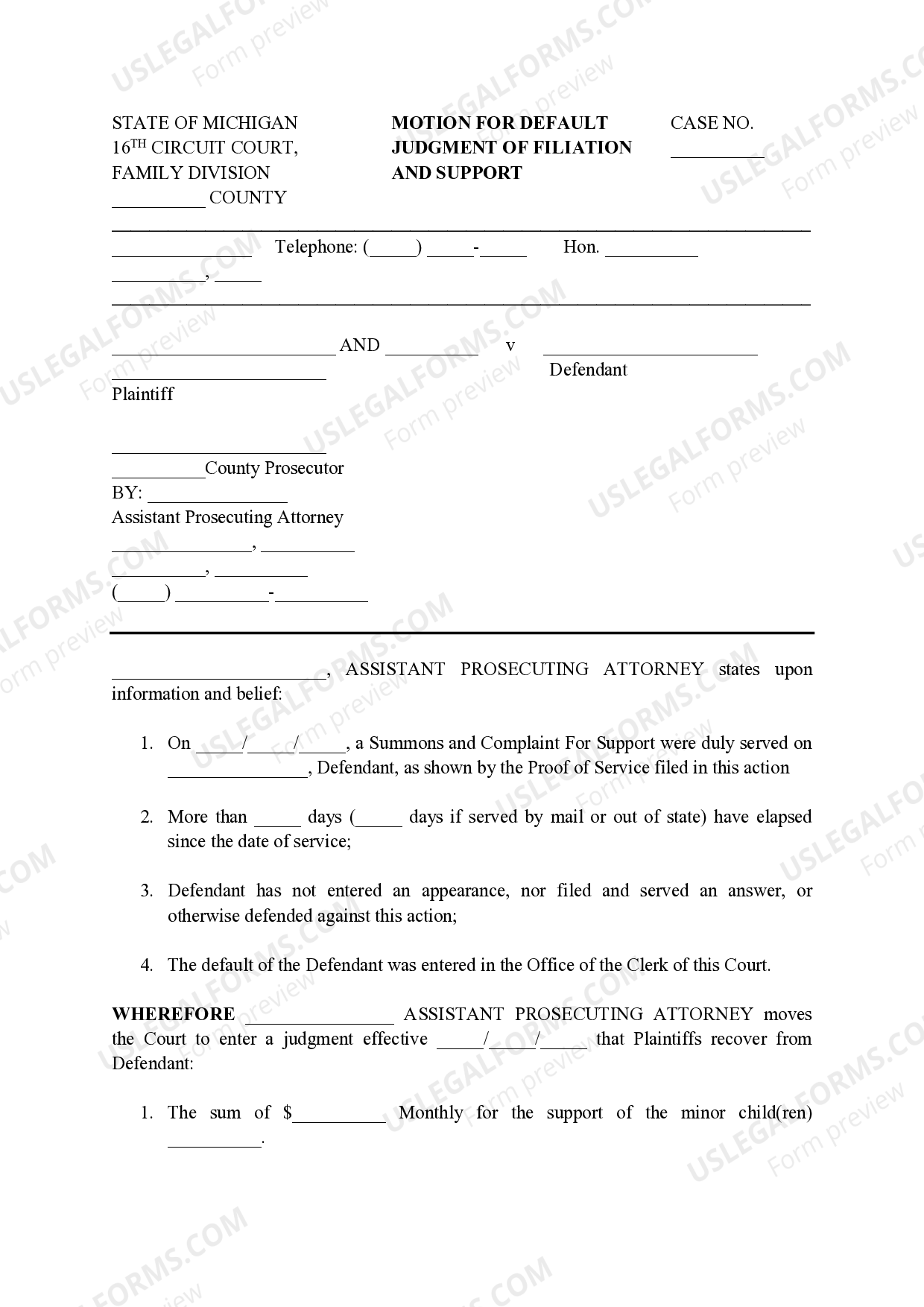 Michigan Motion for Default Judgment of Filiations and Support ...