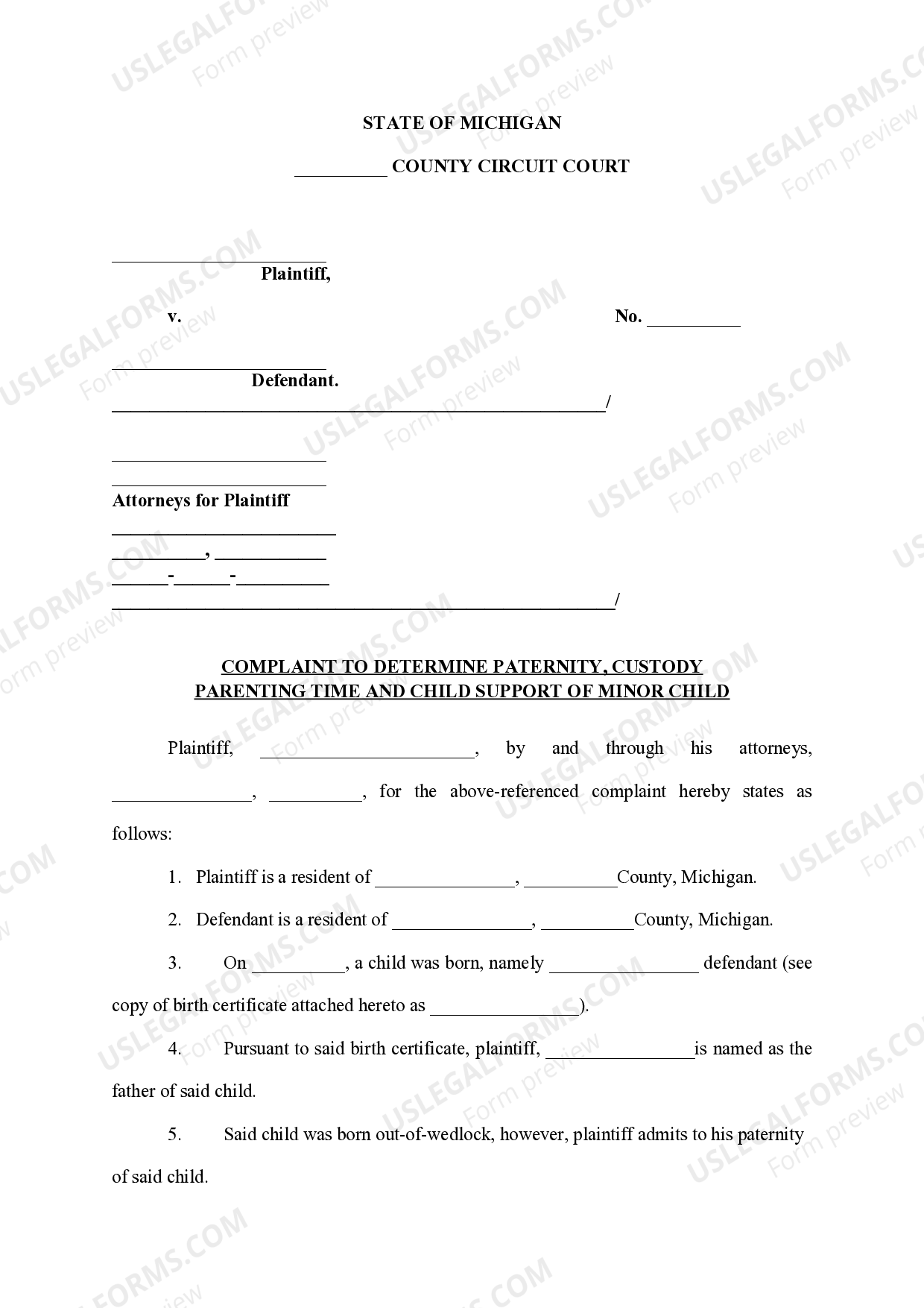 Michigan Complaint to Determine Paternity, Custody - Michigan Complaint ...