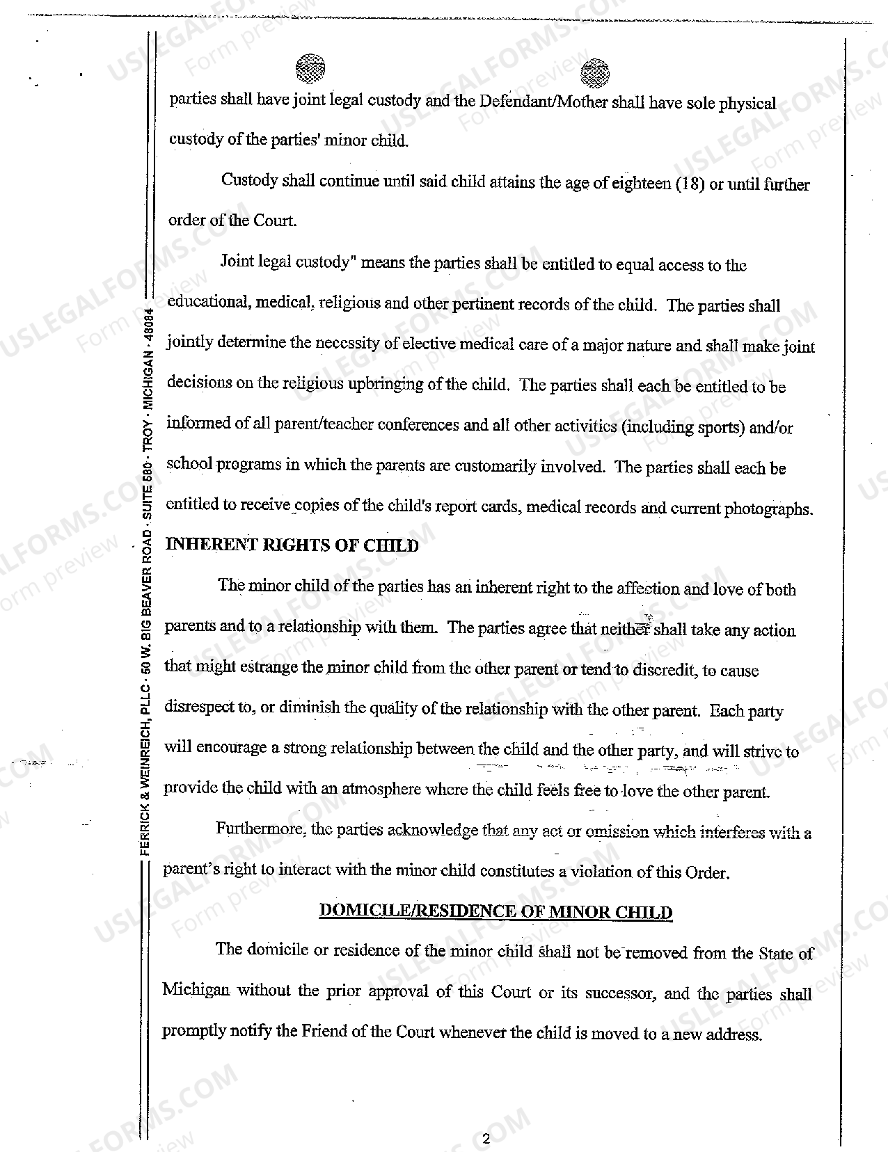 Michigan Order Regarding Custody Parenting Time and Support | US Legal ...