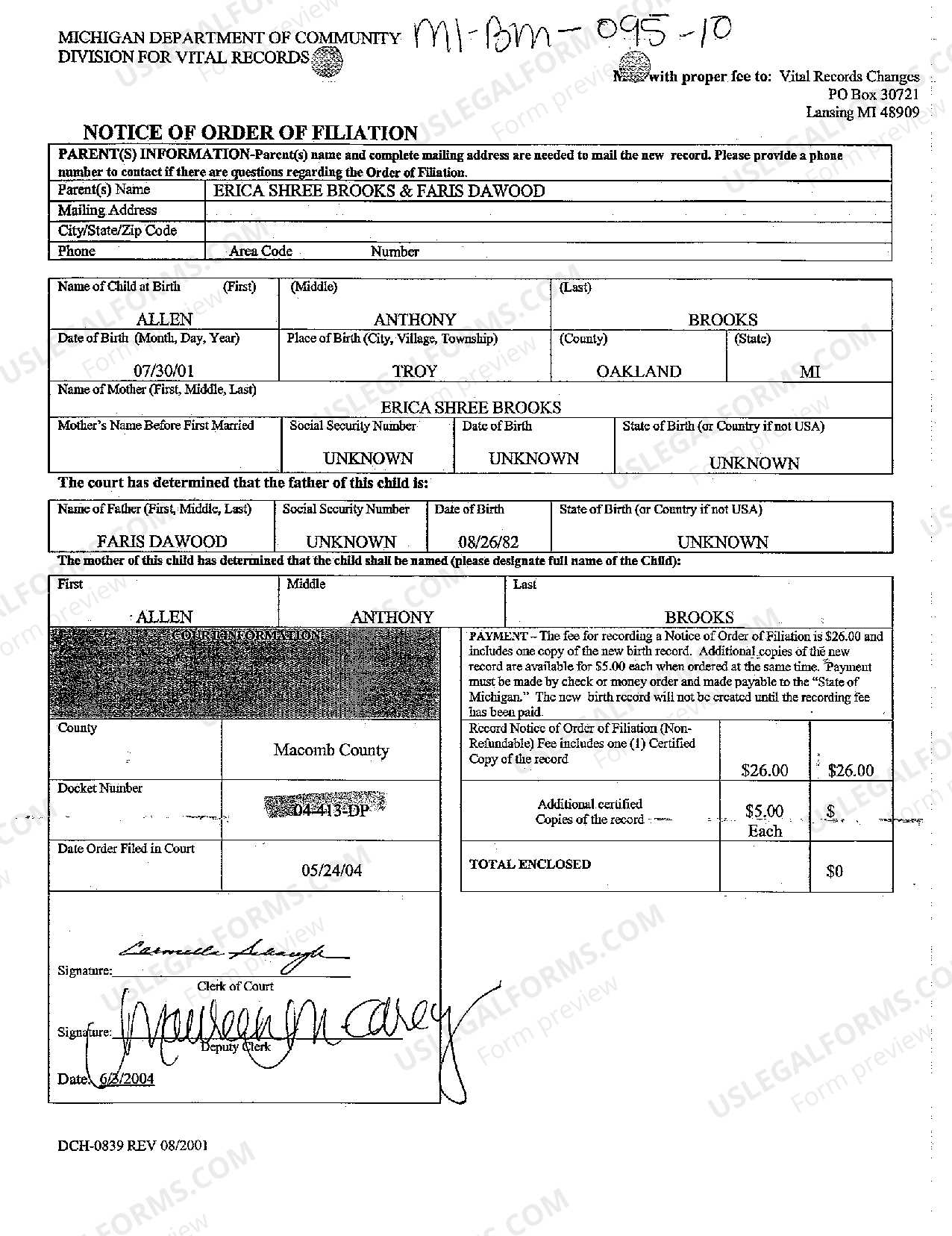 Michigan Notice of Order of Filiations | US Legal Forms