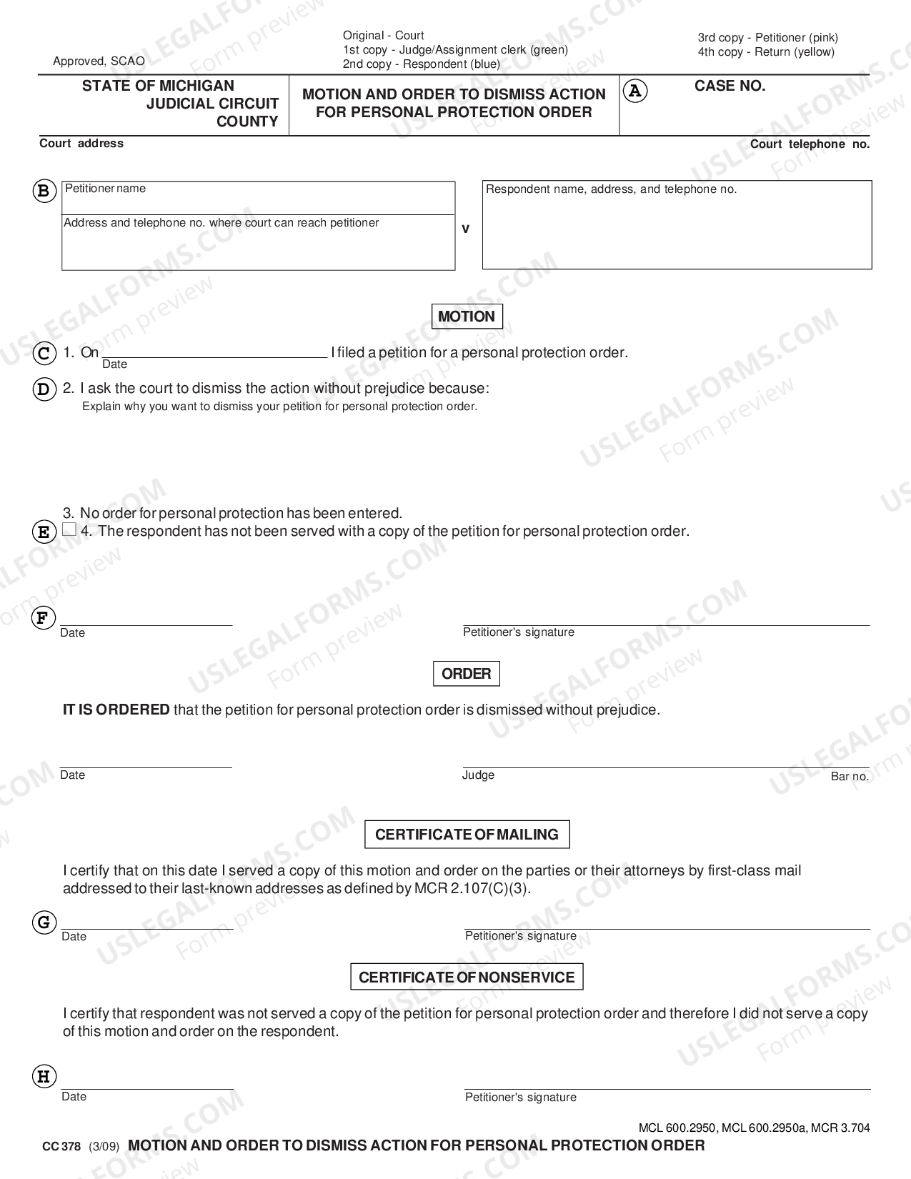 Michigan Motion and Order to Dismiss Action for Personal Protection ...