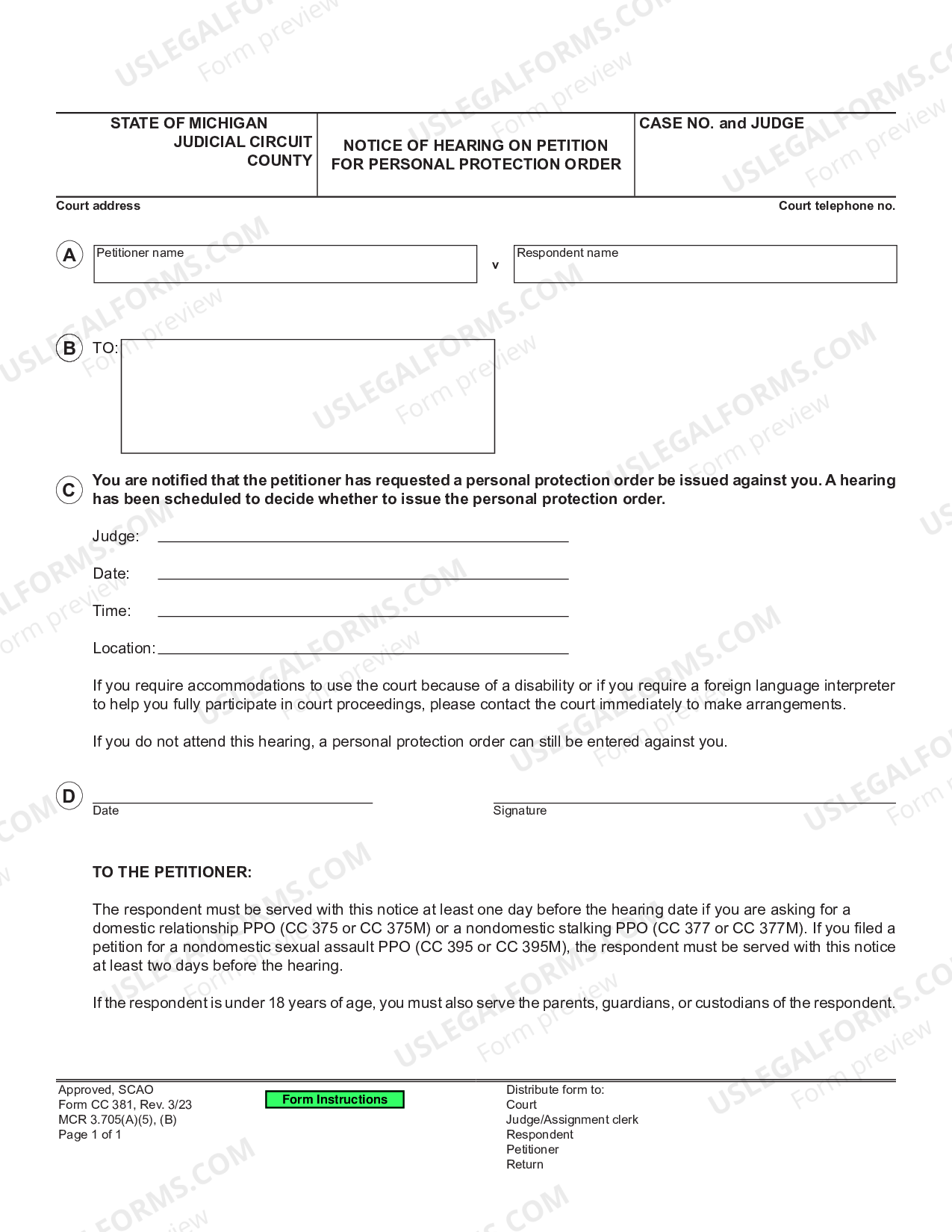 Michigan Notice of Hearing on Petition for Personal Protection Order ...