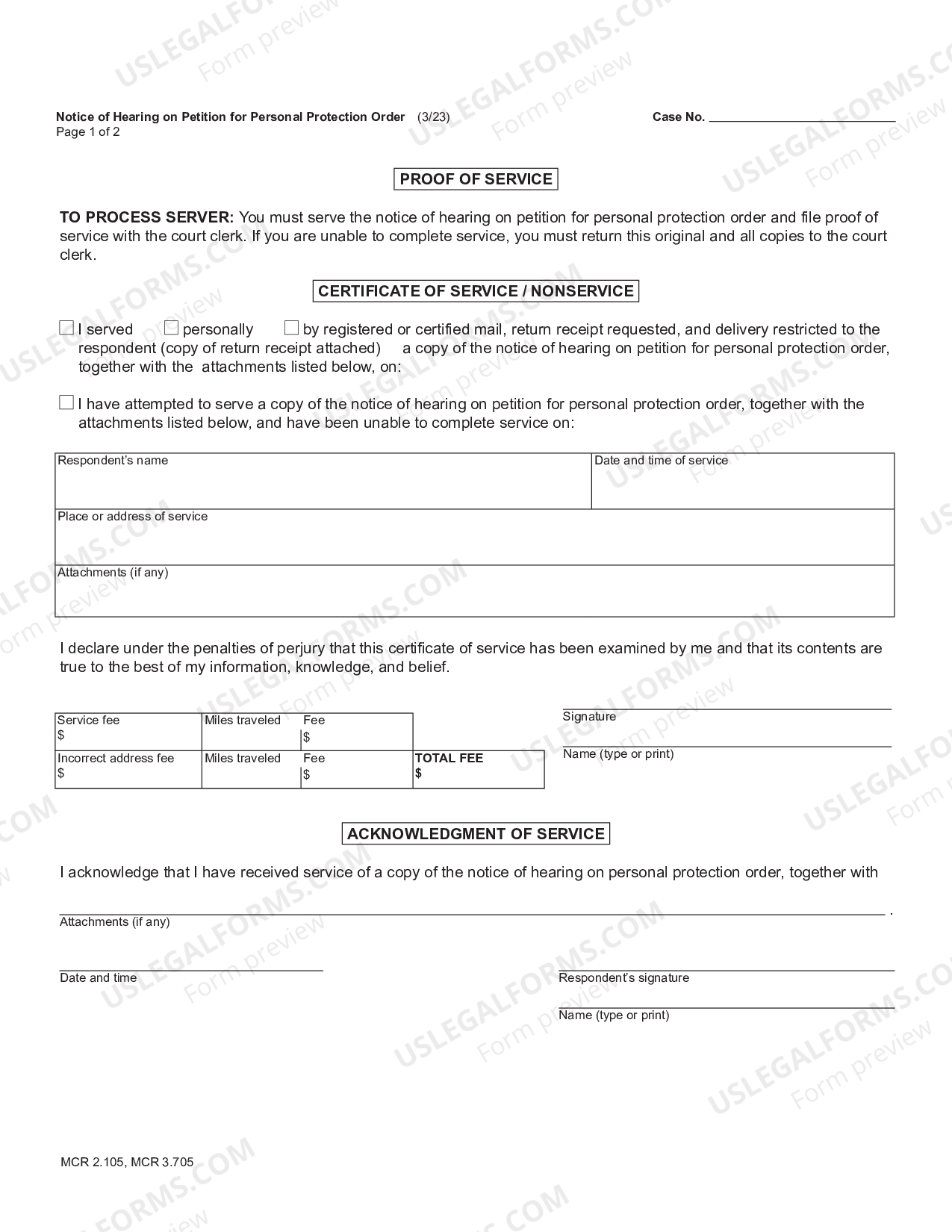 Michigan Notice of Hearing on Petition for Personal Protection Order ...