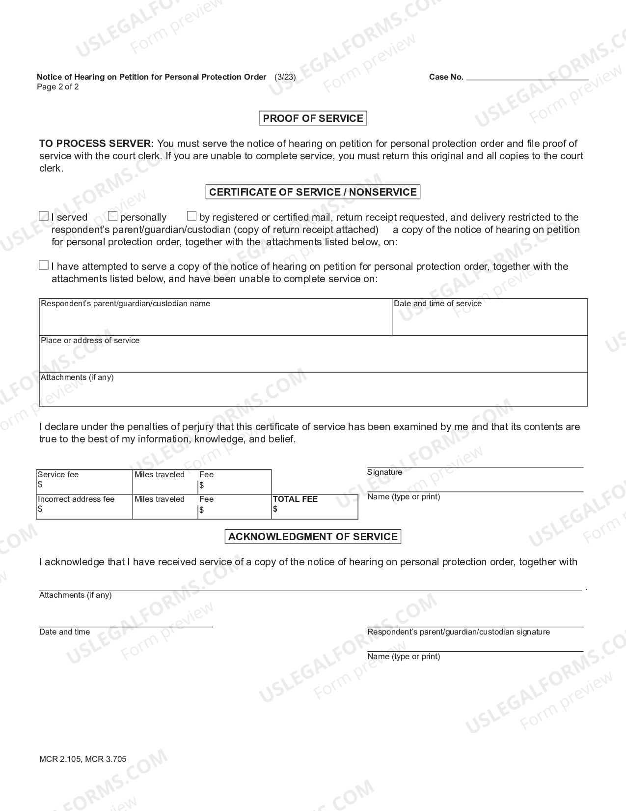 Michigan Notice of Hearing on Petition for Personal Protection Order ...