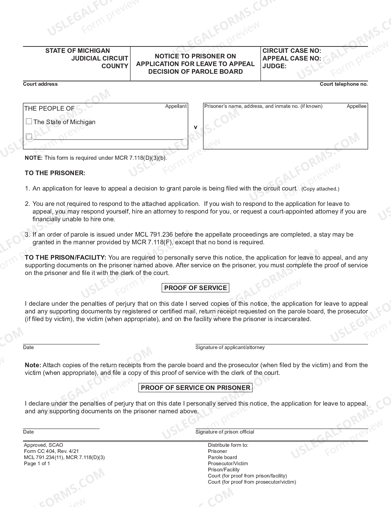 Michigan Notice to Prisoner on Application for Leave to Appeal Decision ...