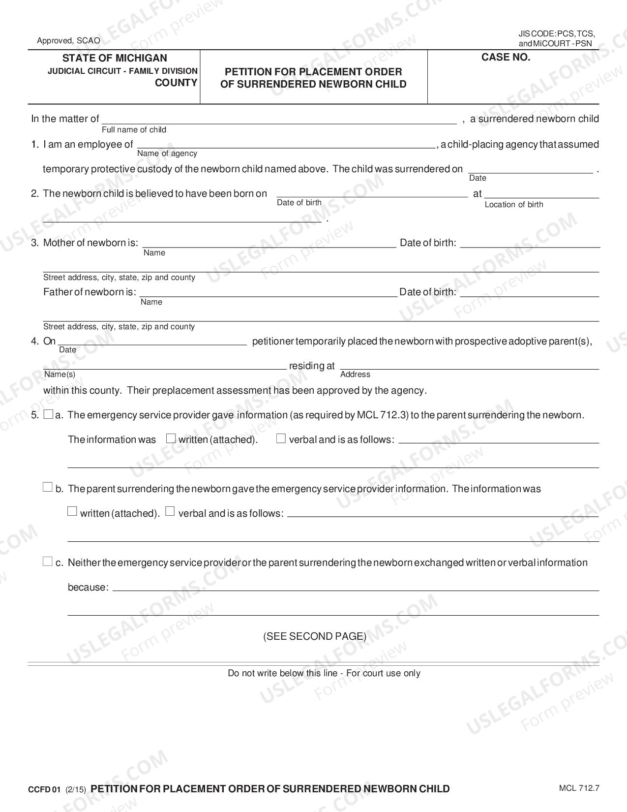 Michigan Petition for Placement Order of Newborn Child - Order ...