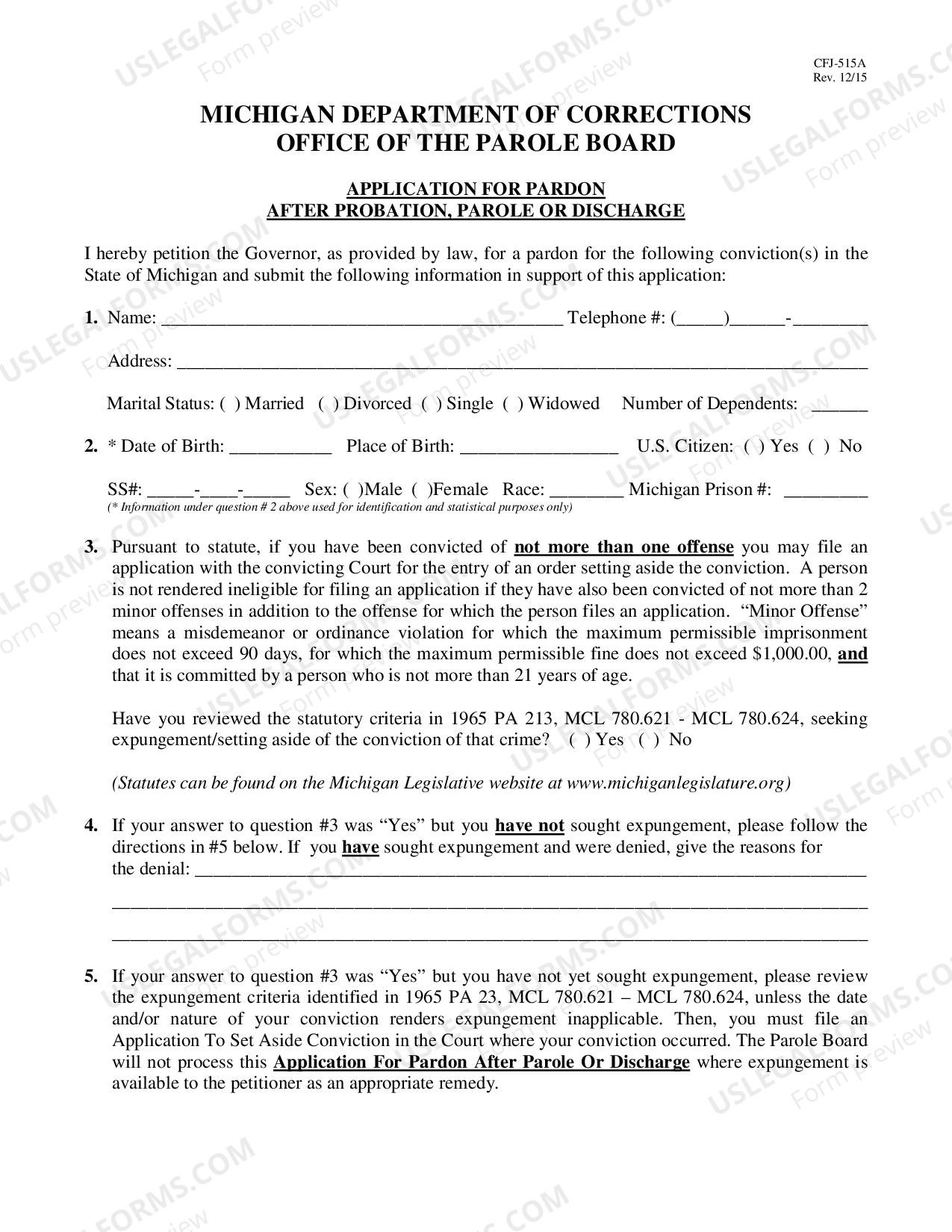 Michigan Application for Pardon after Probation - Michigan Title ...