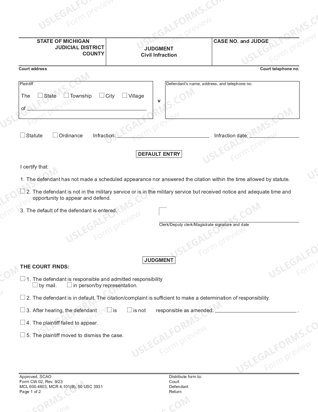 Michigan Judgment - Civil Infraction | US Legal Forms