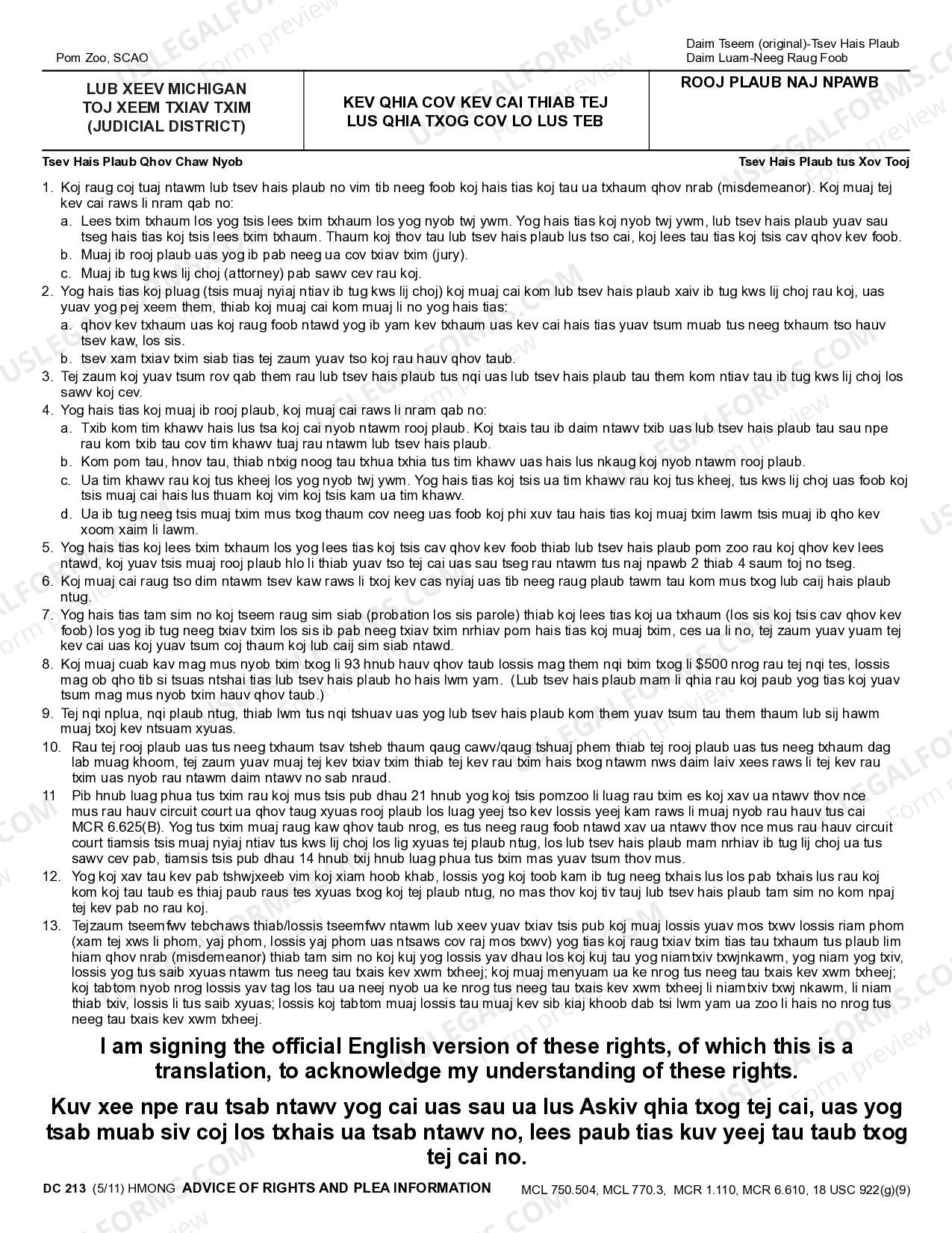 Michigan Advice of Rights and Plea Information - Advice Of Rights | US ...