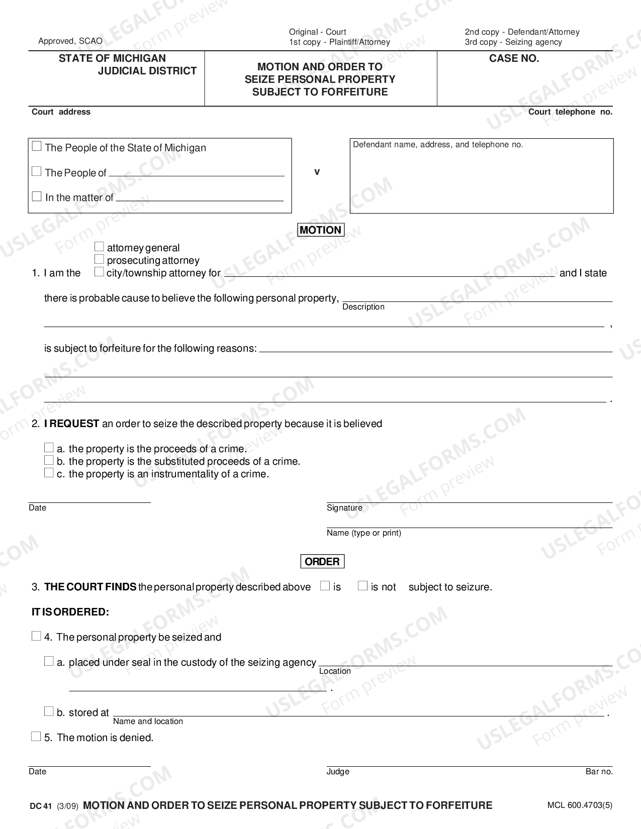 Michigan Motion and Order to Seize Personal Property Subject to ...