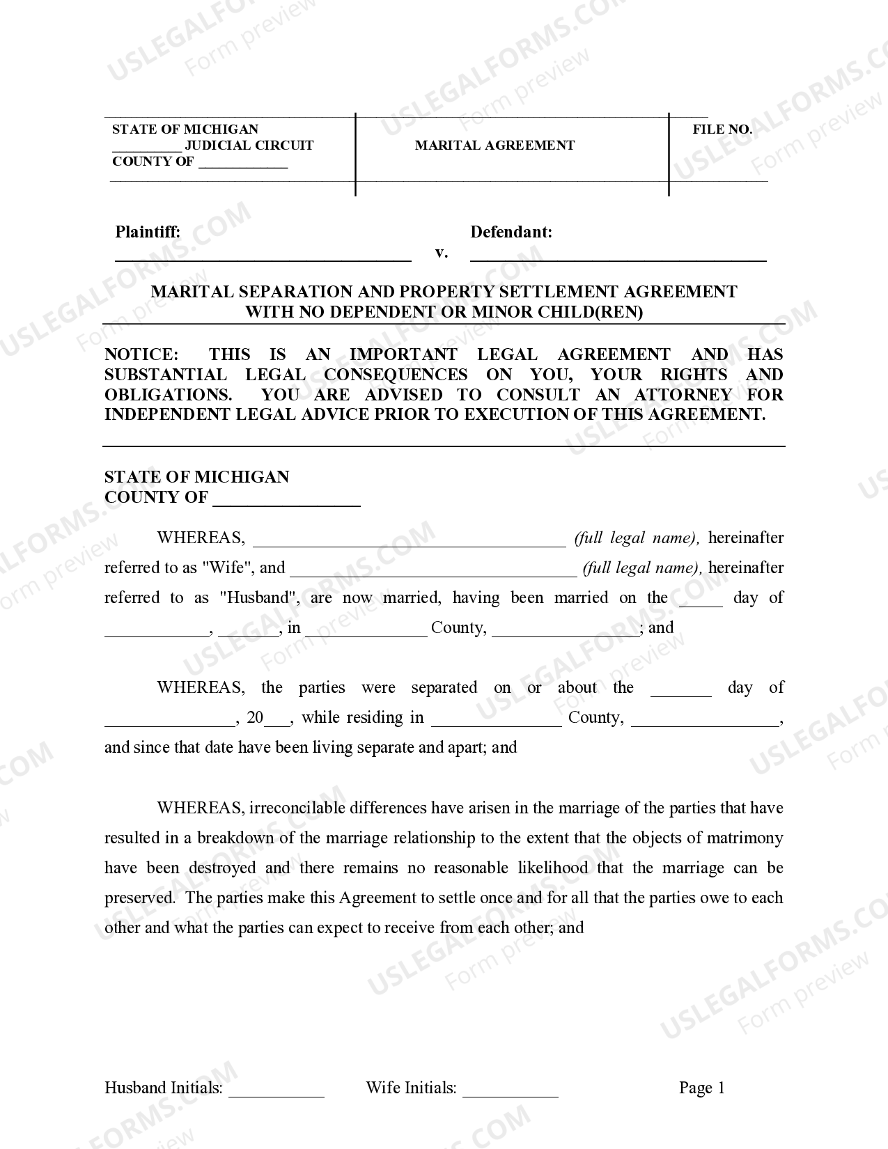 Michigan Marital Domestic Separation and Property Settlement Agreement ...
