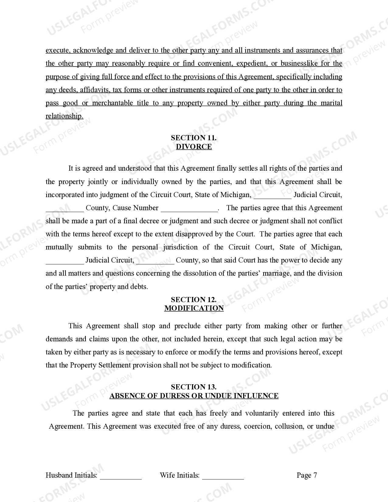 Michigan Marital Domestic Separation and Property Settlement Agreement ...