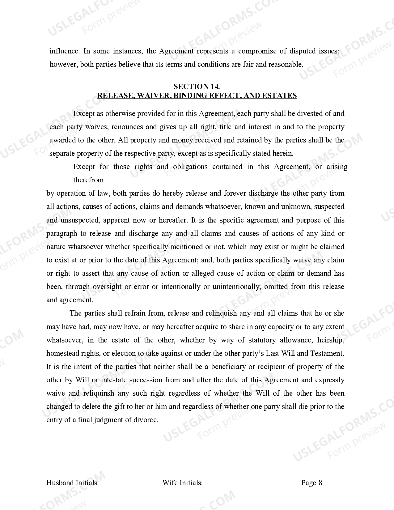 Michigan Marital Domestic Separation and Property Settlement Agreement ...