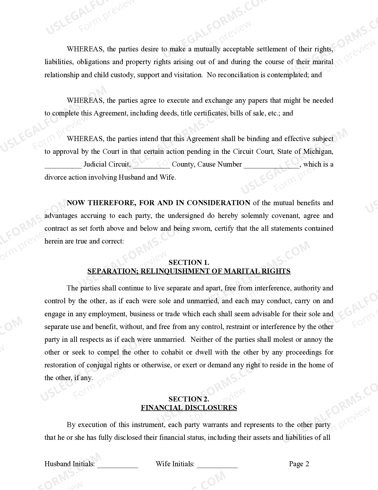 Michigan Marital Domestic Separation and Property Settlement Agreement ...