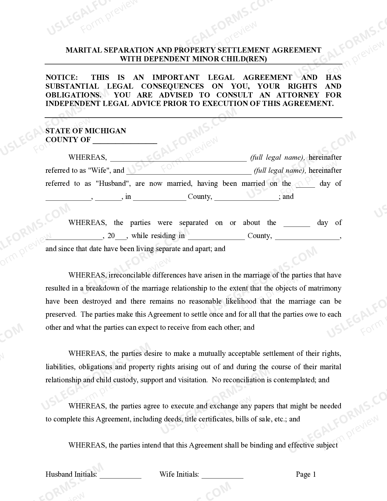 Michigan Marital Domestic Separation and Property Settlement Agreement ...