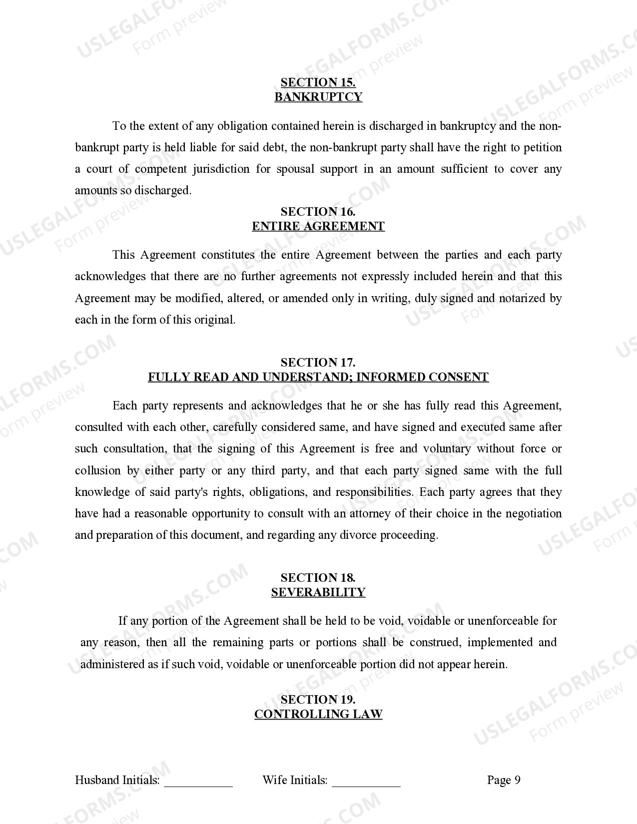 Michigan Marital Domestic Separation and Property Settlement Agreement ...