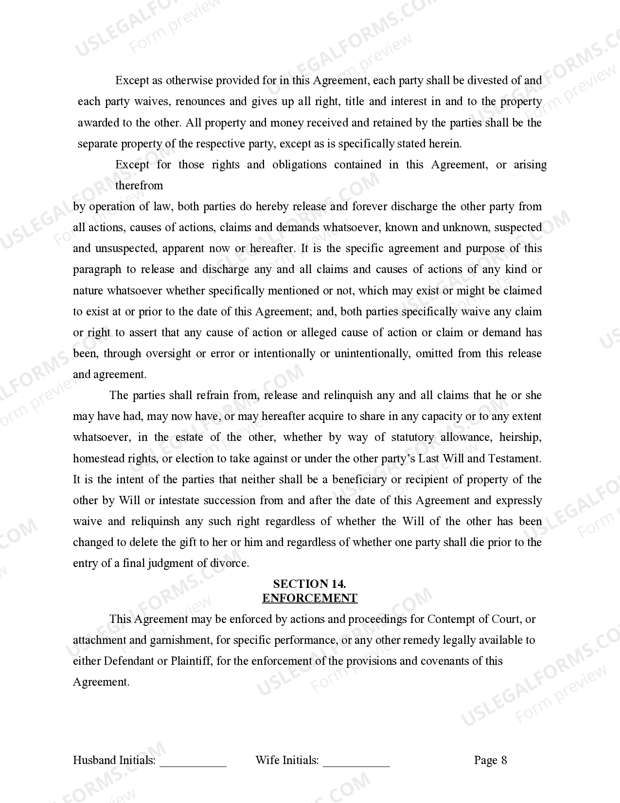 Michigan Marital Domestic Separation and Property Settlement Agreement ...